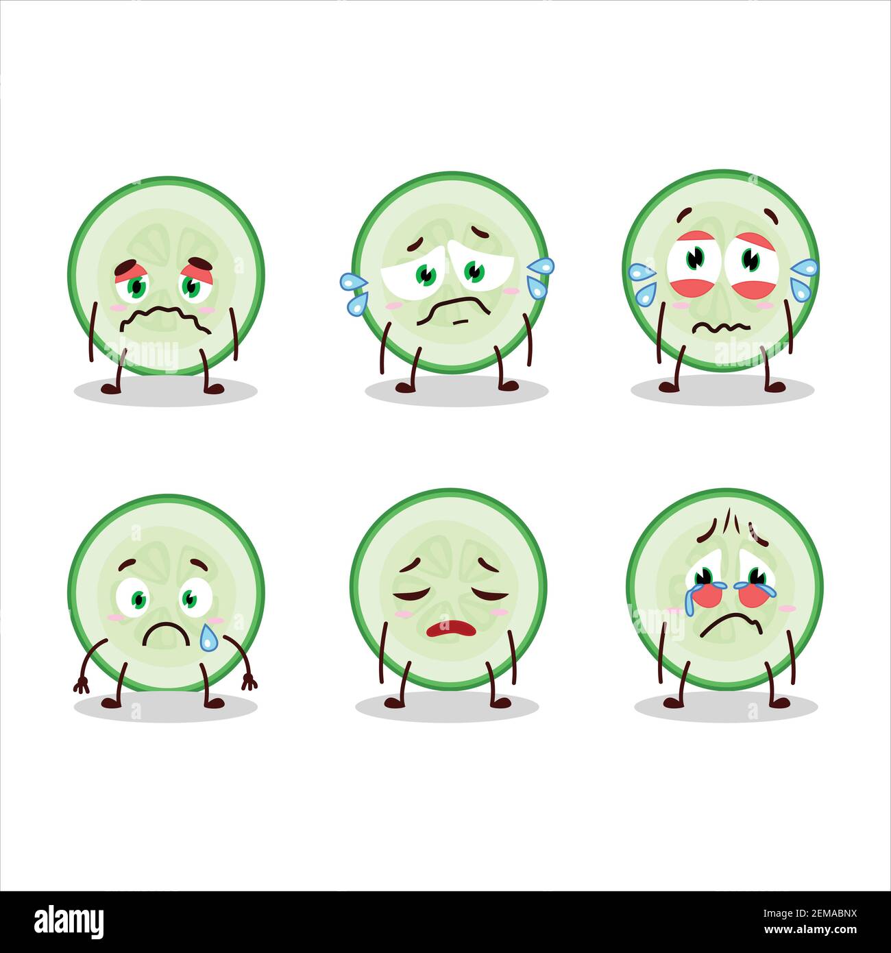 Slice of cucumber cartoon character with sad expression. Vector ...
