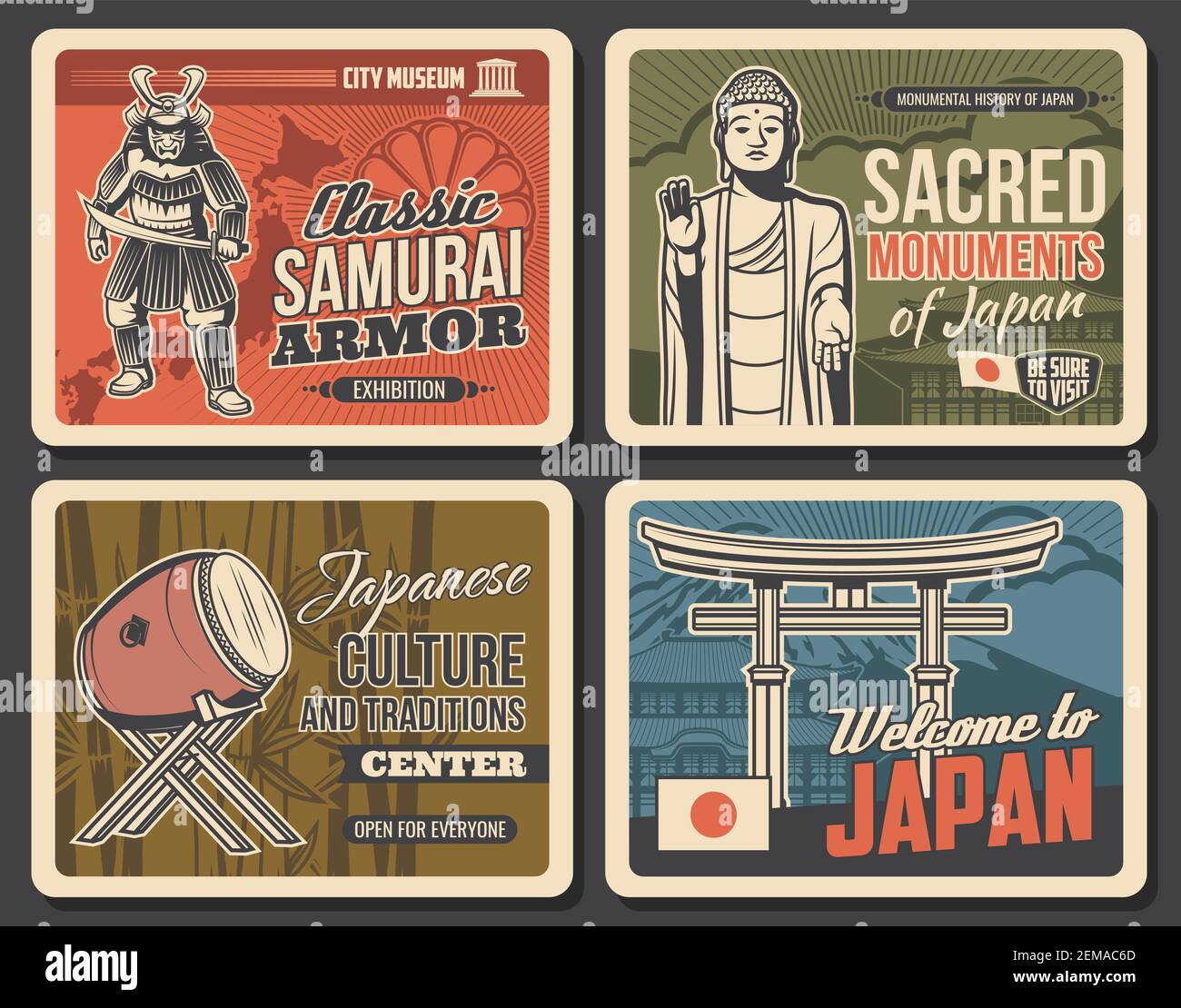 Japanese culture and traditions, Japan travel landmarks, vector vintage ...