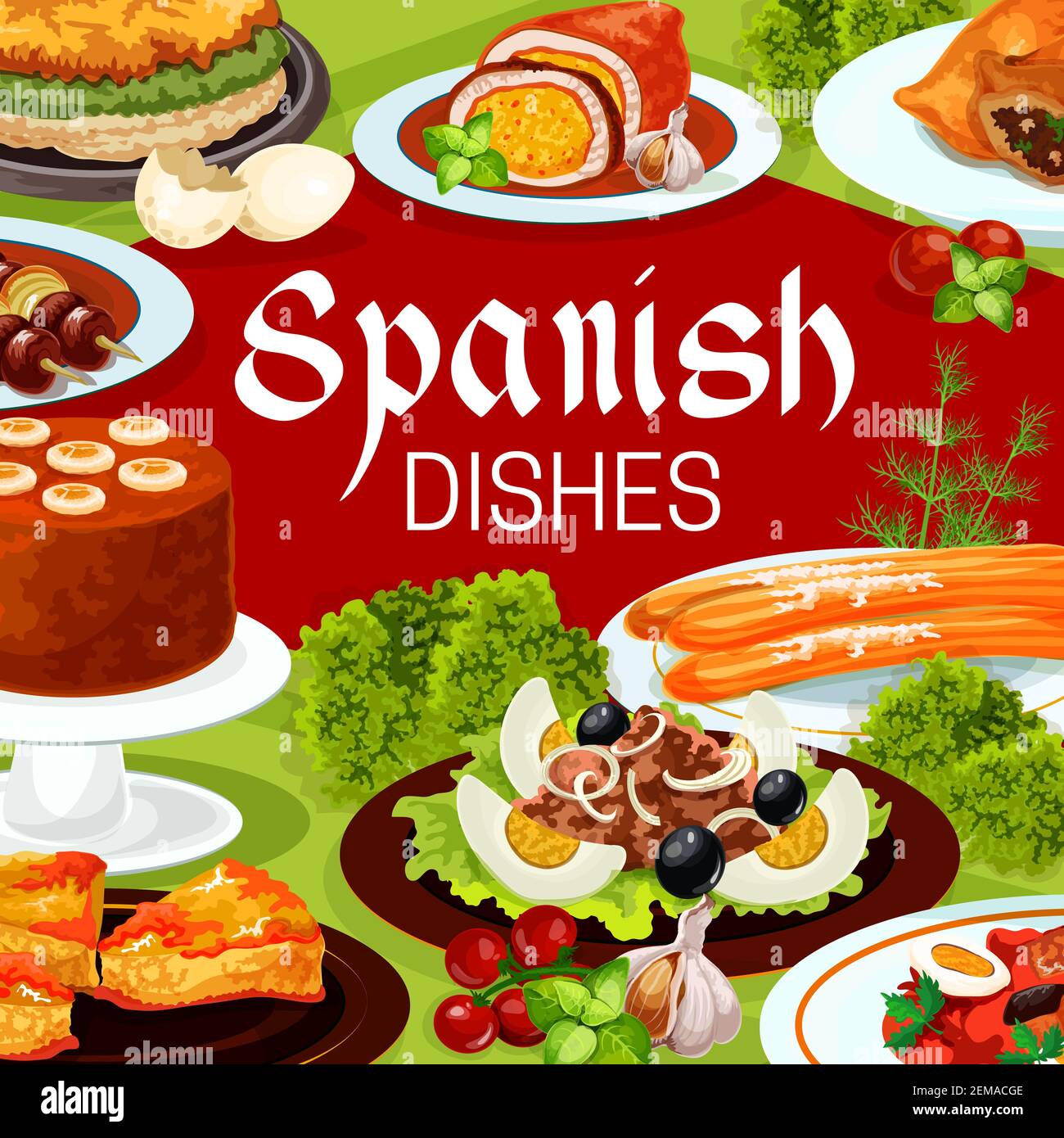 Spanish cuisine food, vector meat, fish and vegetable dishes with ...