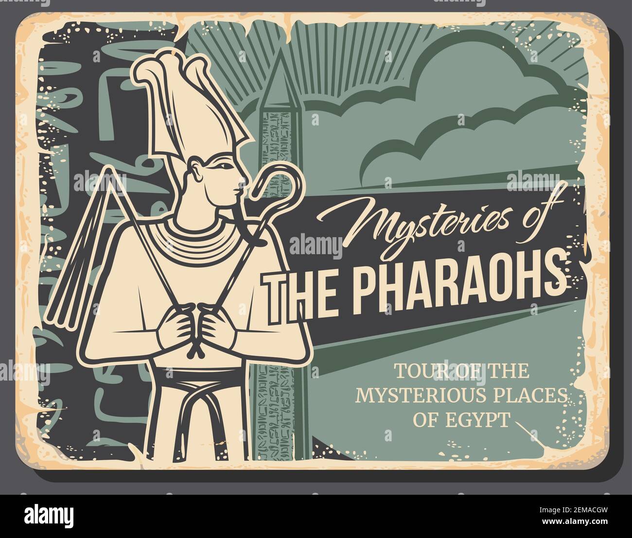 Ancient Egypt landmarks travel to pyramids, vector vintage retro ...