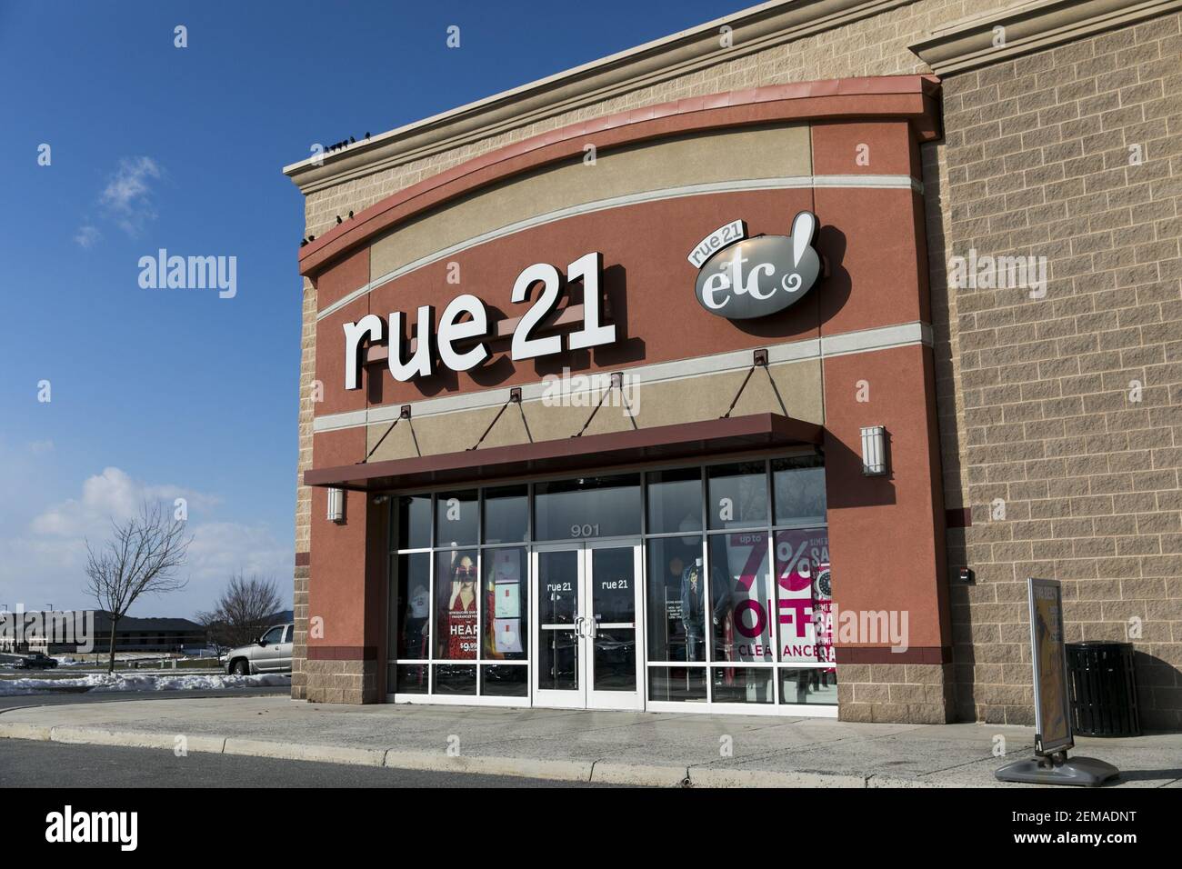 A logo sign outside of a rue21 retail store location in Chambersburg ...