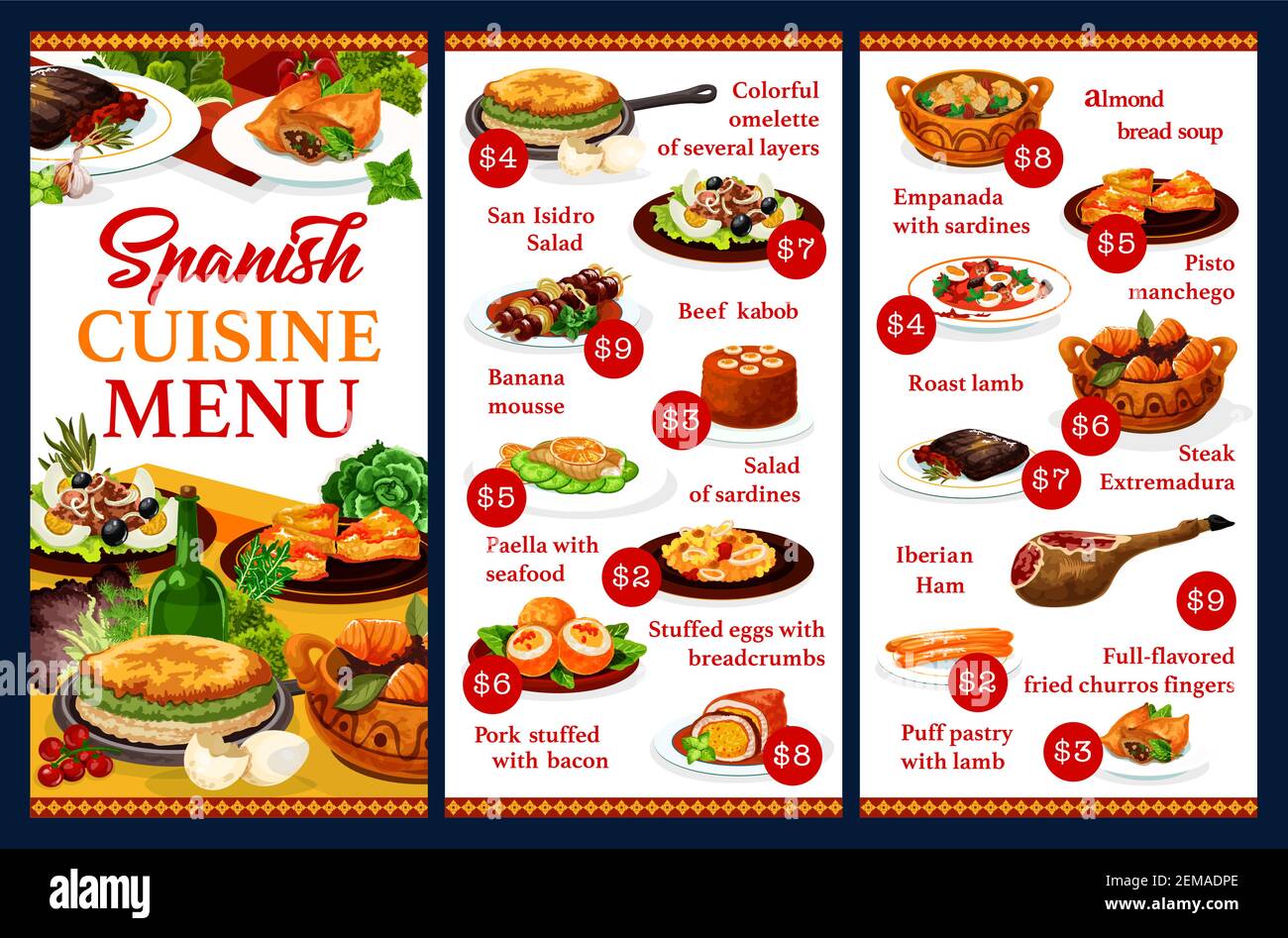 Spanish cuisine restaurant menu dishes, vector. Seafood paella and ...