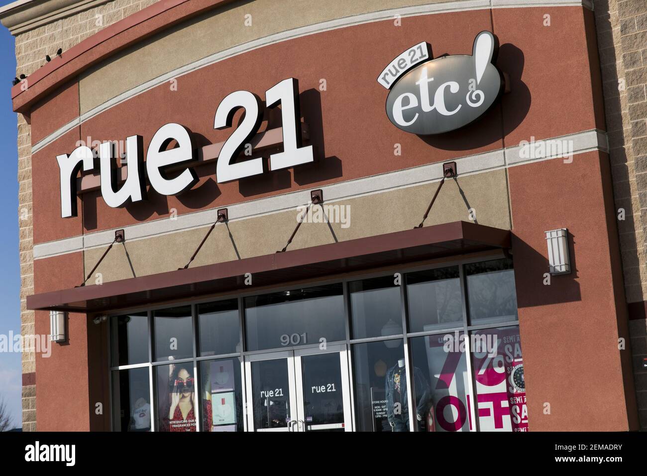 A logo sign outside of a rue21 retail store location in Chambersburg ...