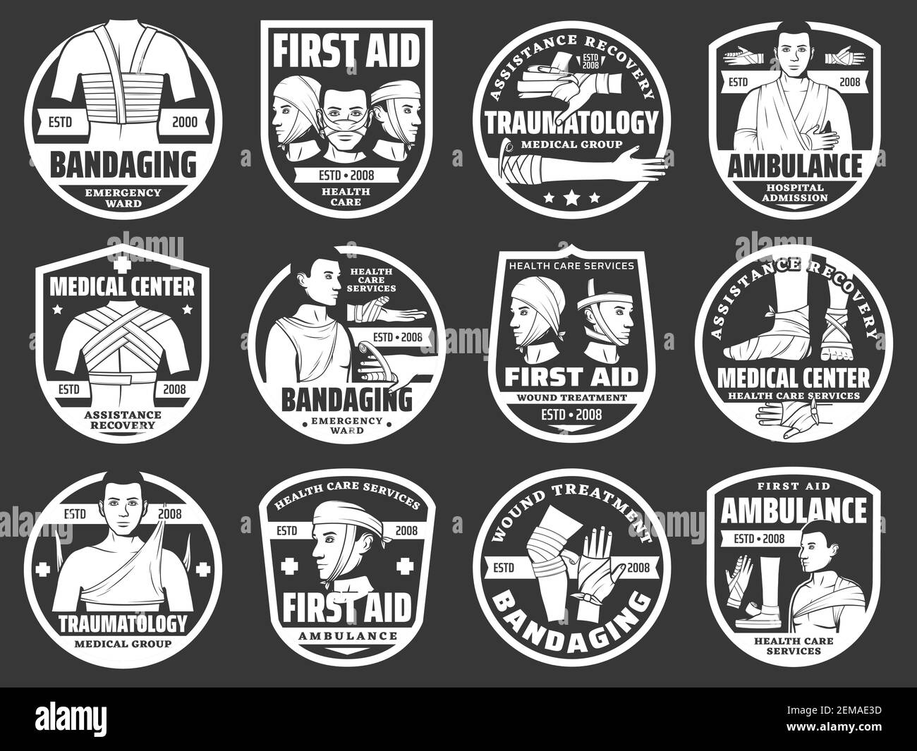 Bandaging first aid, trauma and injury medical emergency vector icons ...