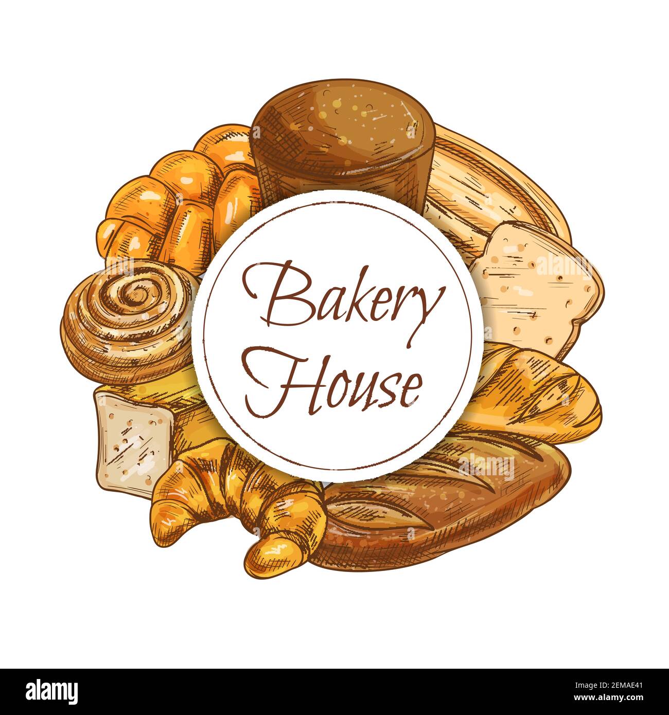 Bread, bakery shop sketch baked food and pastry, baguette, loaf ...