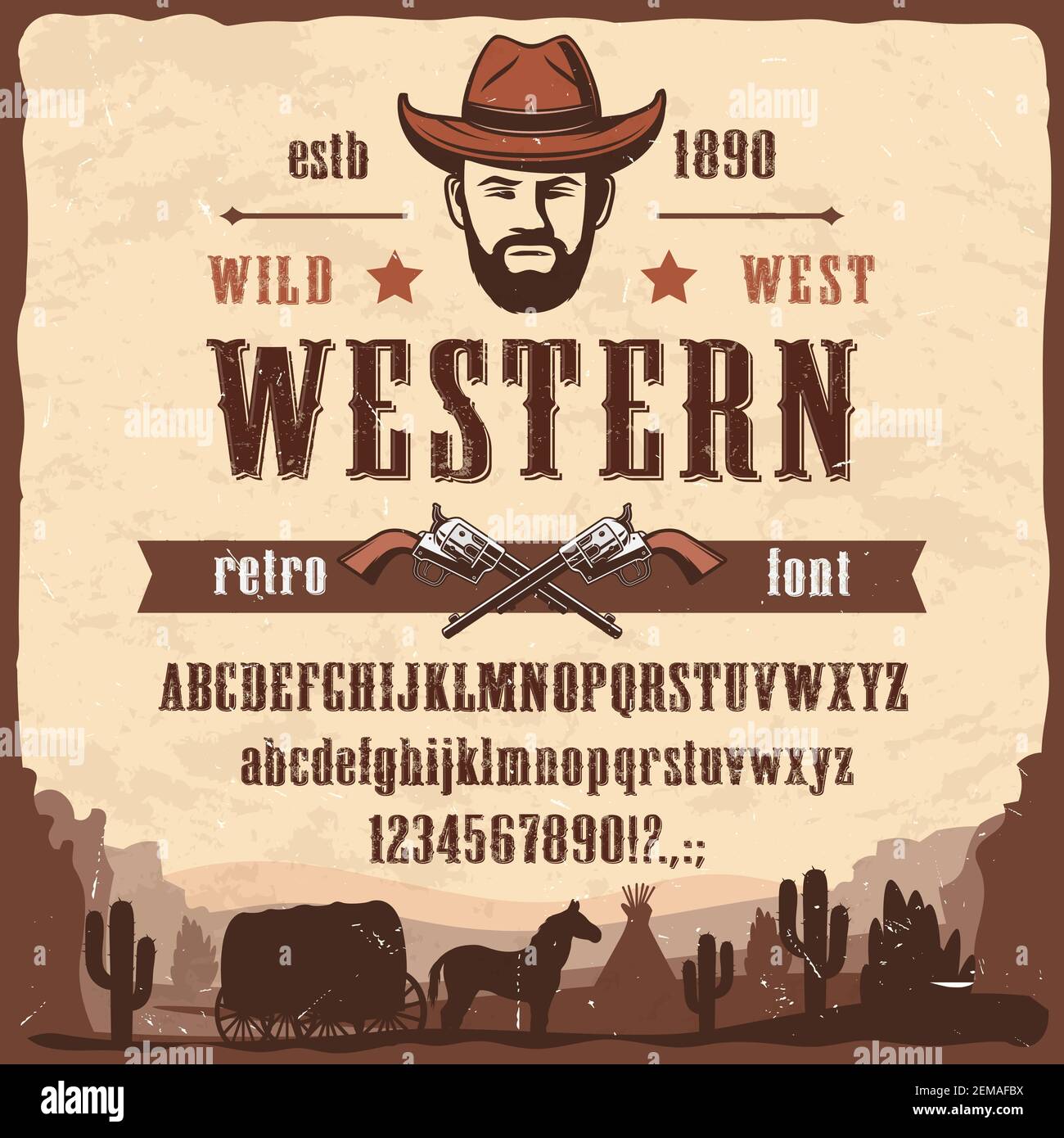 Western font type Wild West style vector letters and numbers. Wester ...