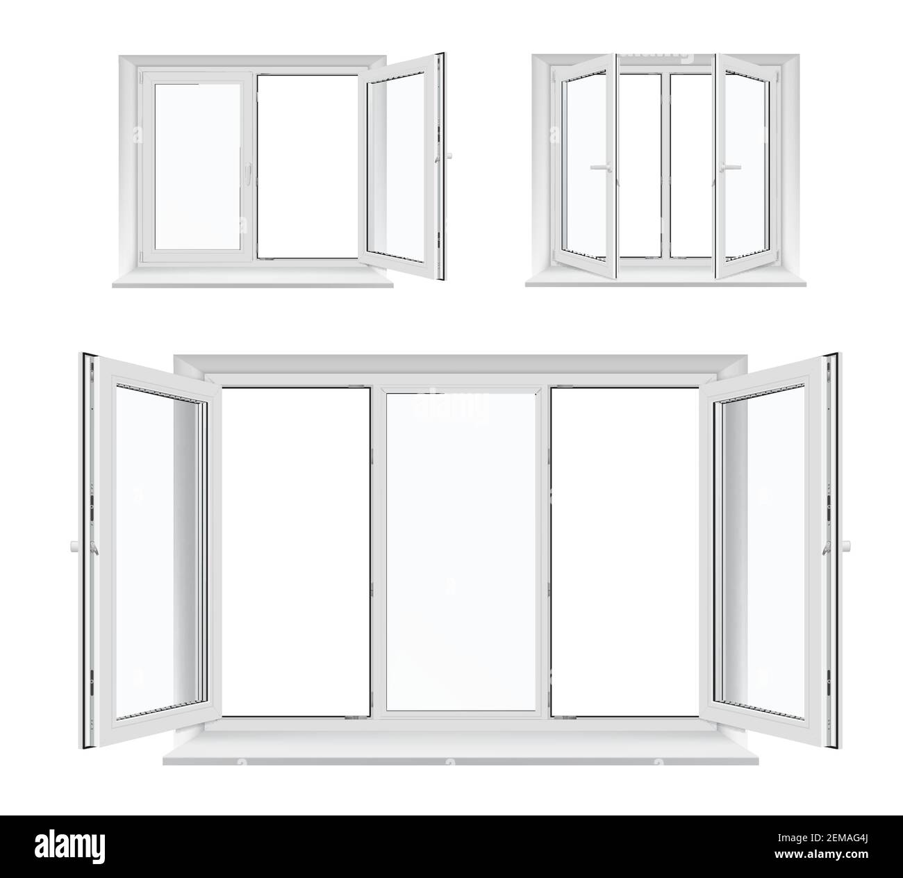 Windows with opened casements, vector white plastic frames, sills and ...