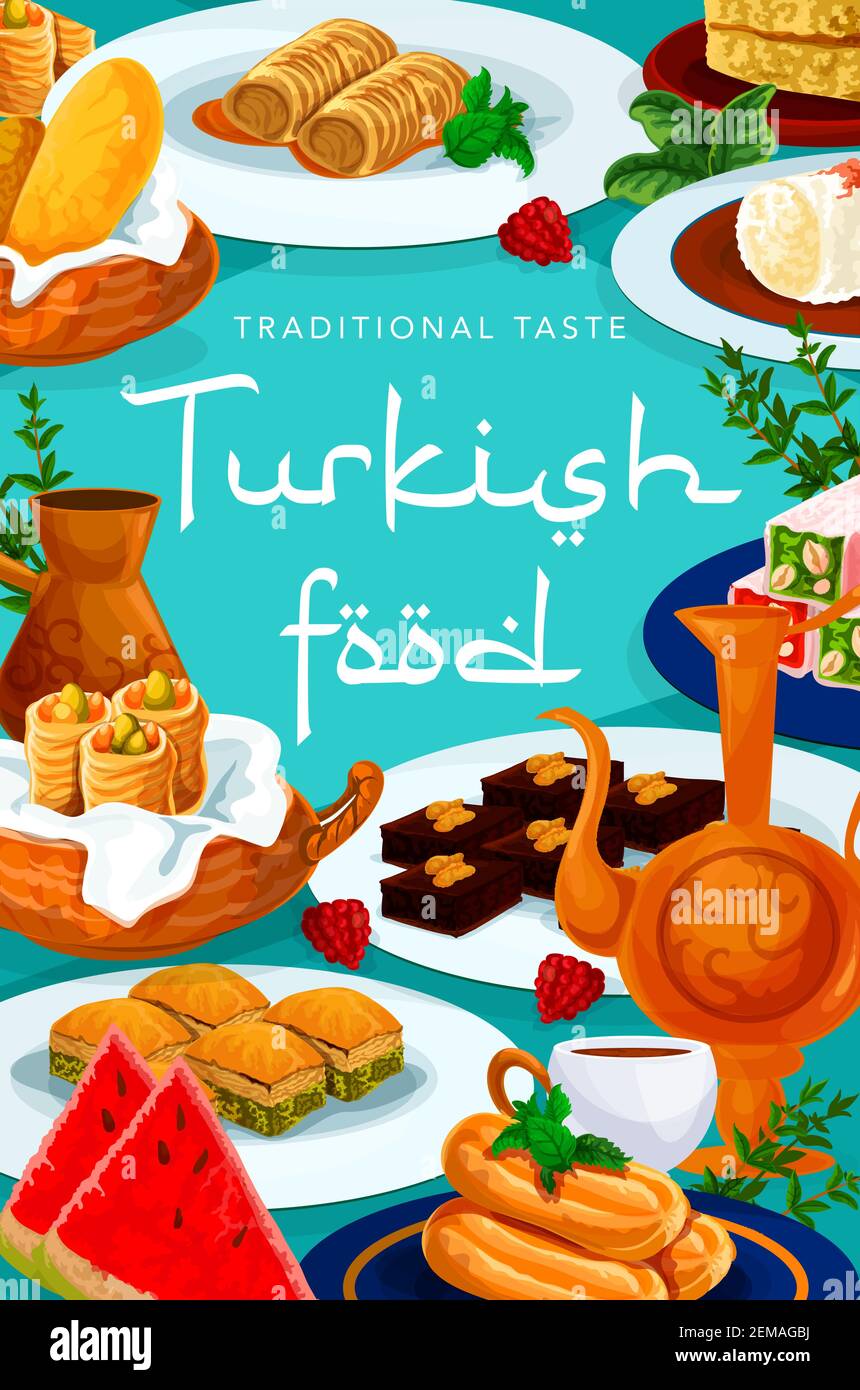 Turkish cuisine food menu, desserts and sweets, turkey pastry vector ...