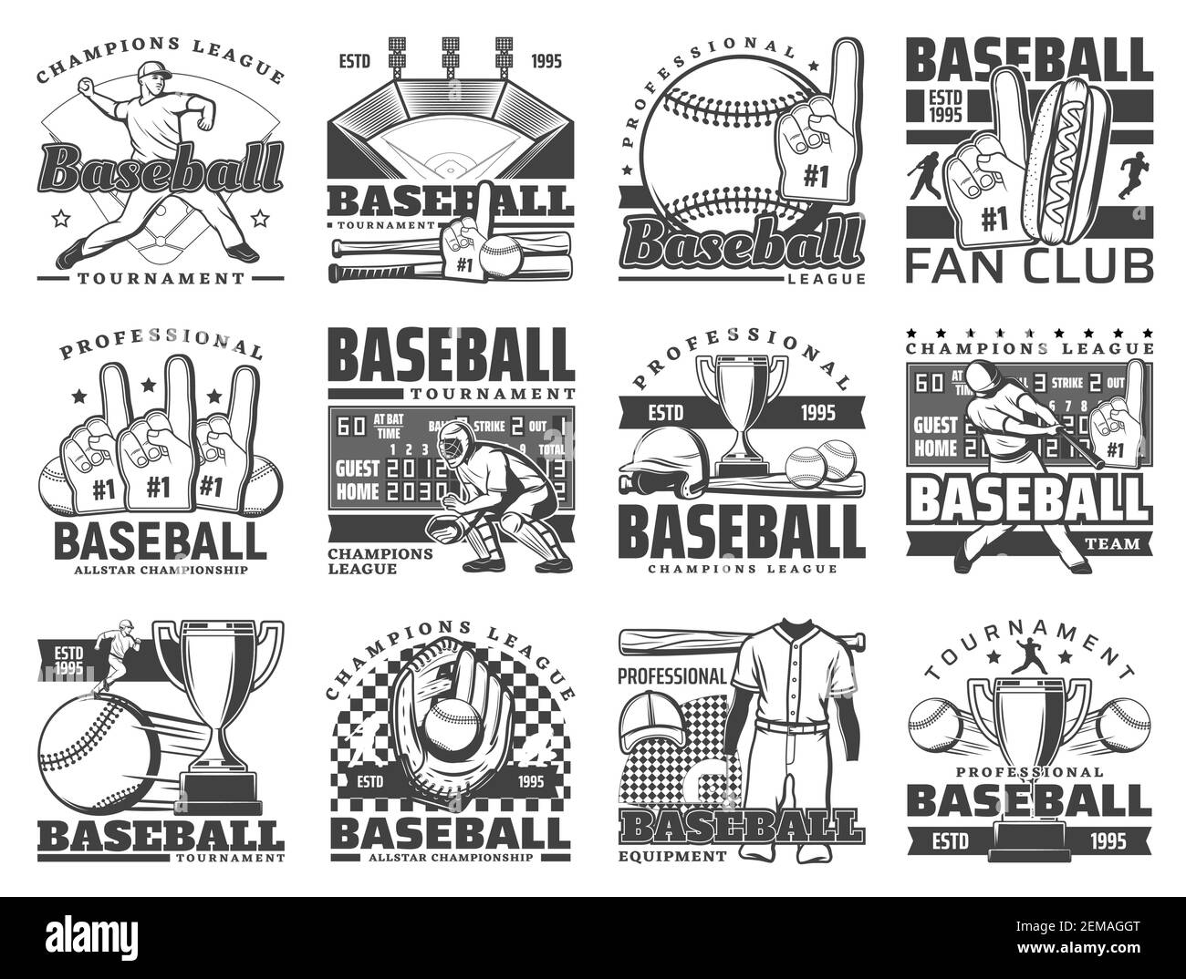 Baseball sport vector icons with balls, bats, stadium and players ...