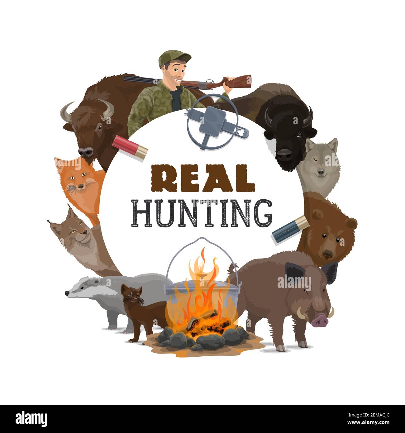 Hunt club opens season, vector poster with wild animals and hunting ...