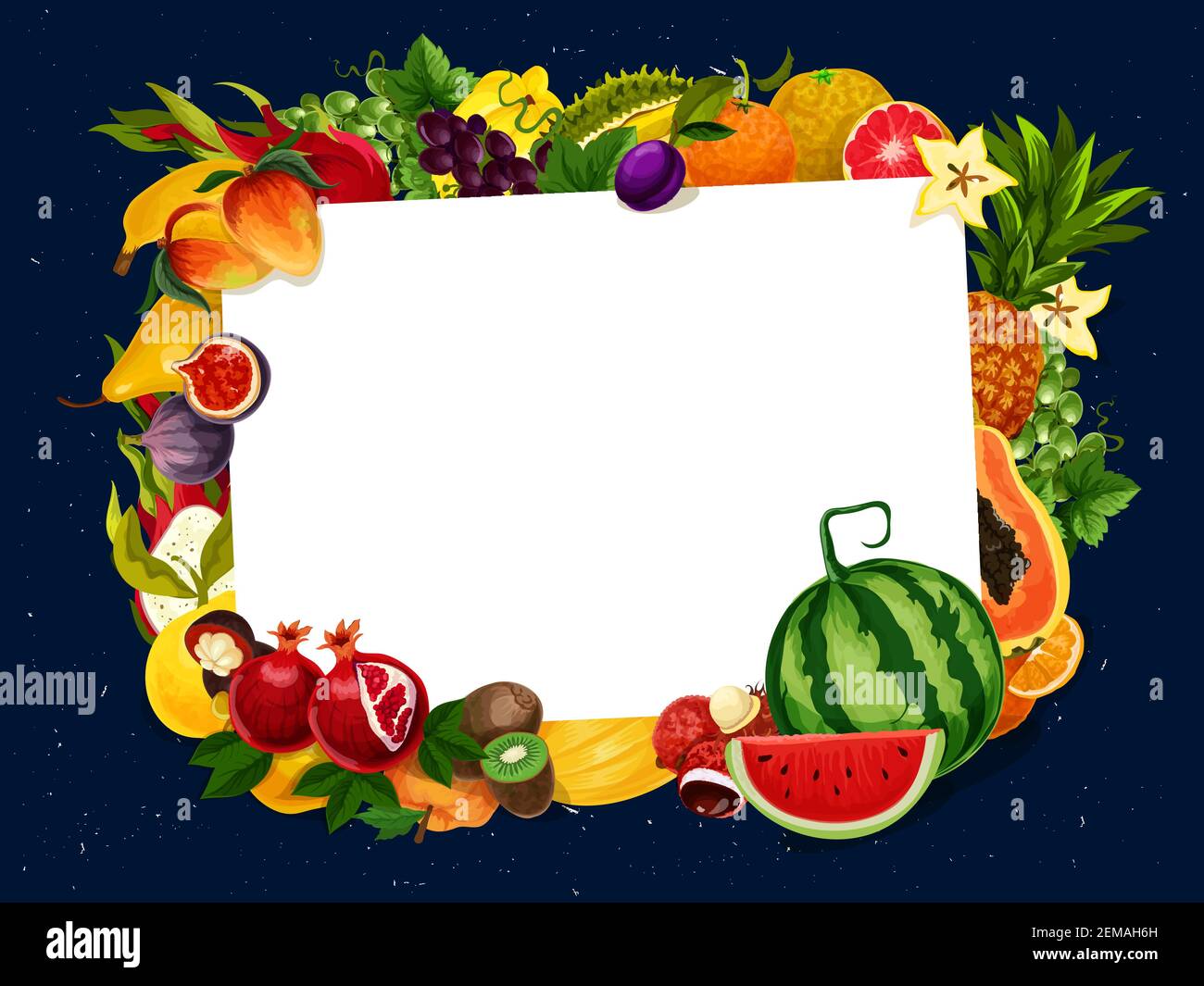 Exotic fruits and berries, vector paper note blank template. Frame of ...