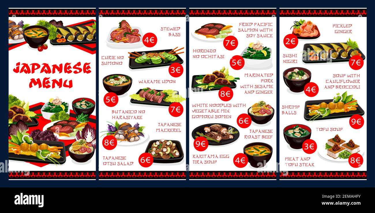Japanese food, traditional cuisine restaurant menu, vector dishes ...