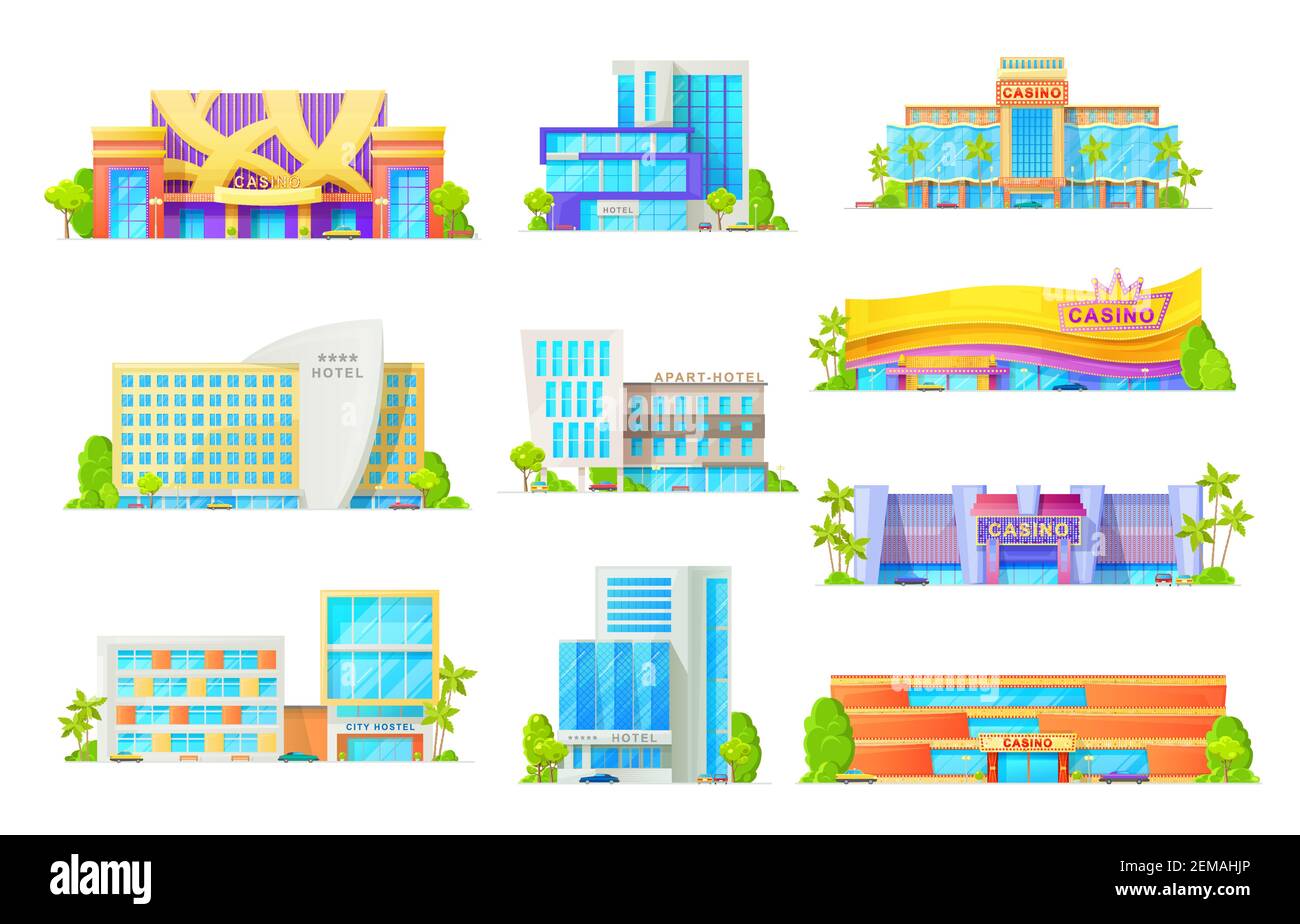 Hotel and casino buildings, vector flat icons. Entertainment and ...