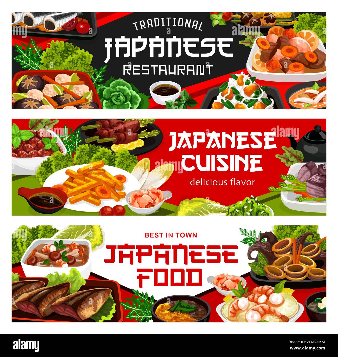 Japanese Cuisine Restaurant Vector Banners Japan Authentic Food Dishes