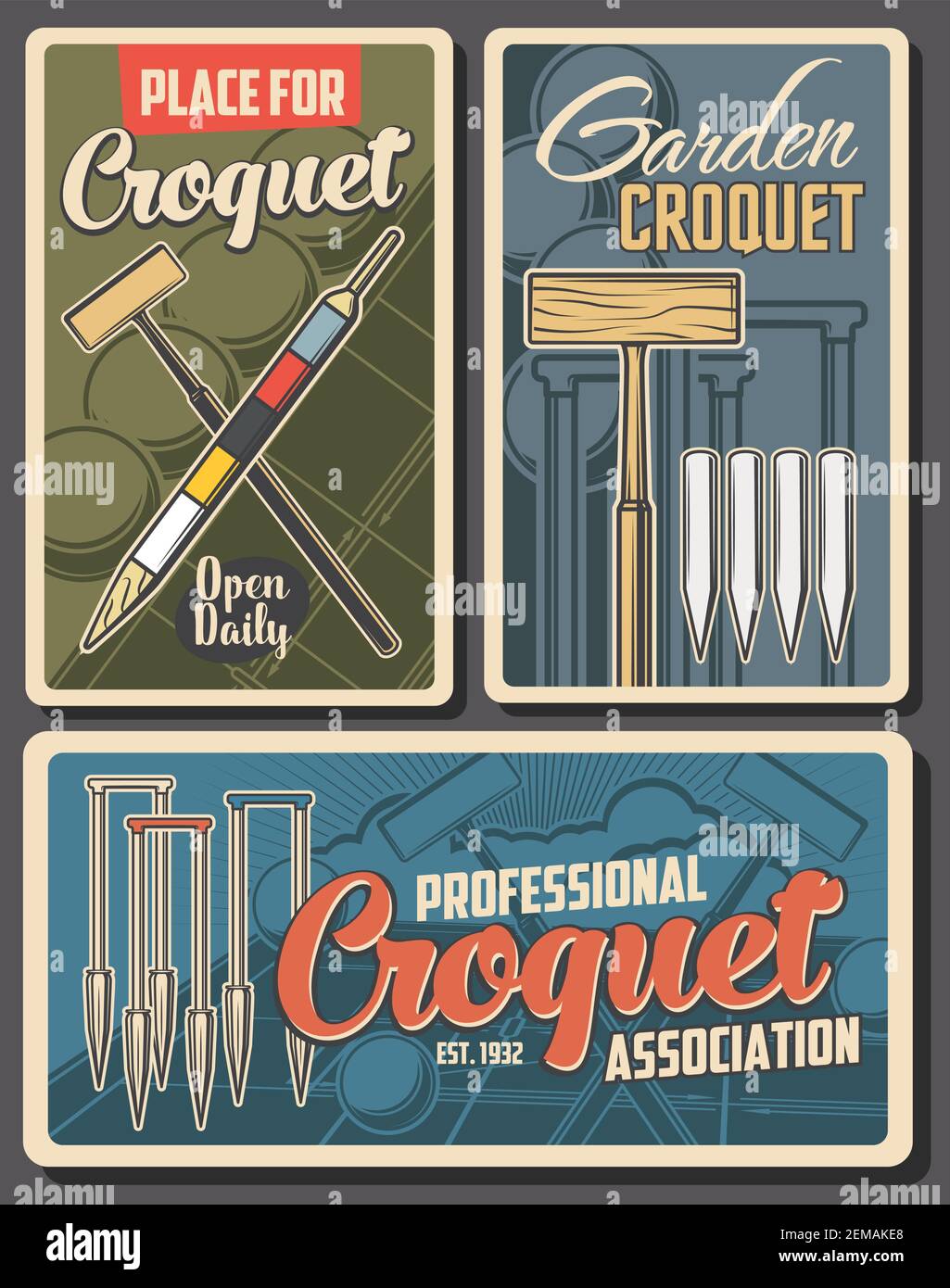 Croquet sport posters, club tournament game, vector playing equipment ...