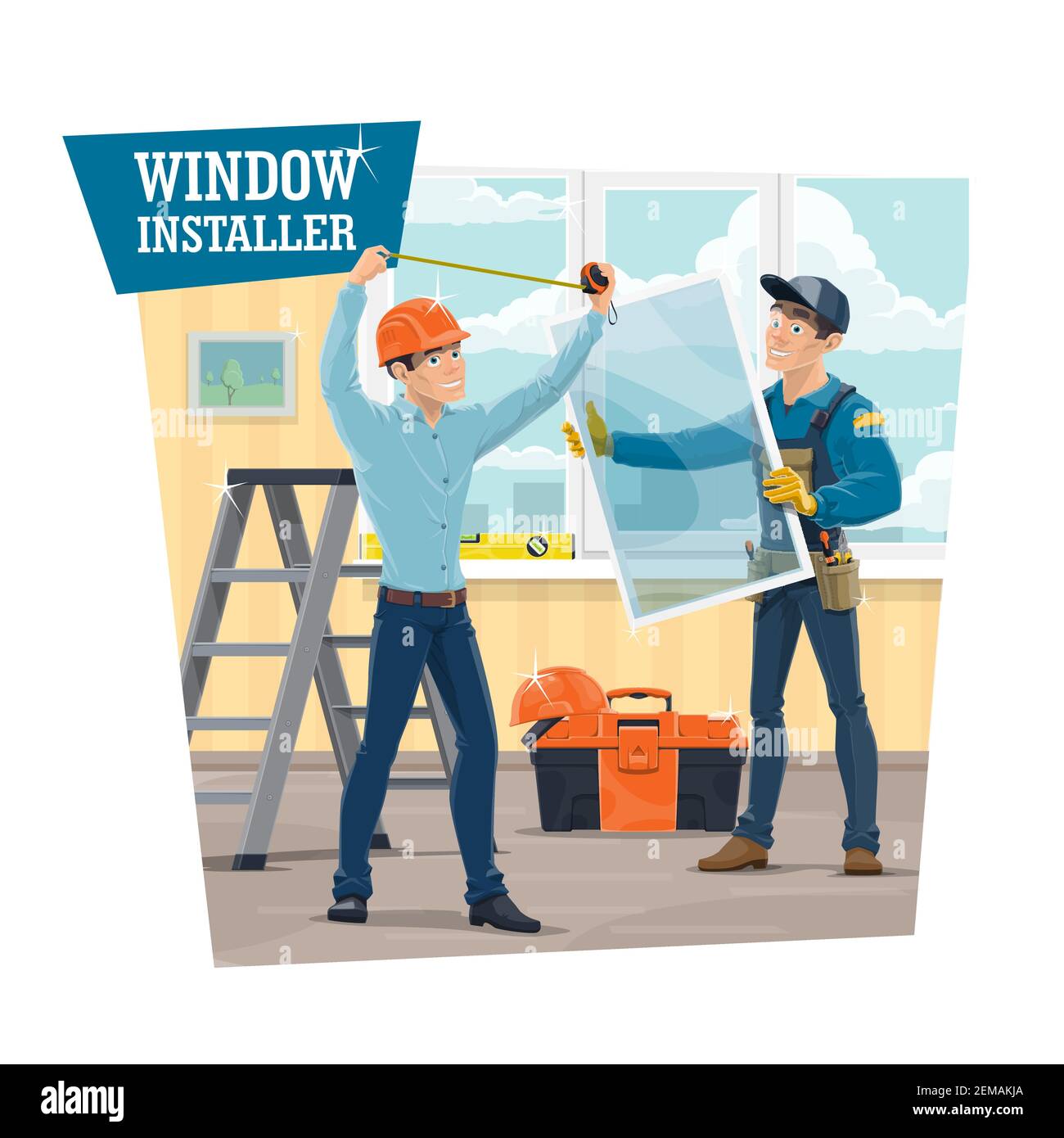 UPVC windows installer service, vector banner. Workers in uniform ...