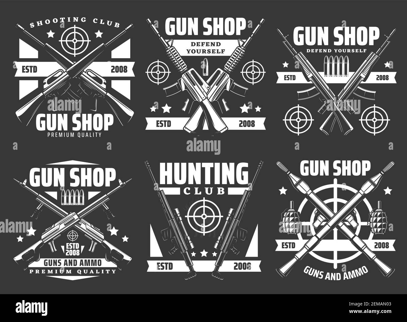 Gun shop and military ammunition weapon store vector icons. Hunting ...