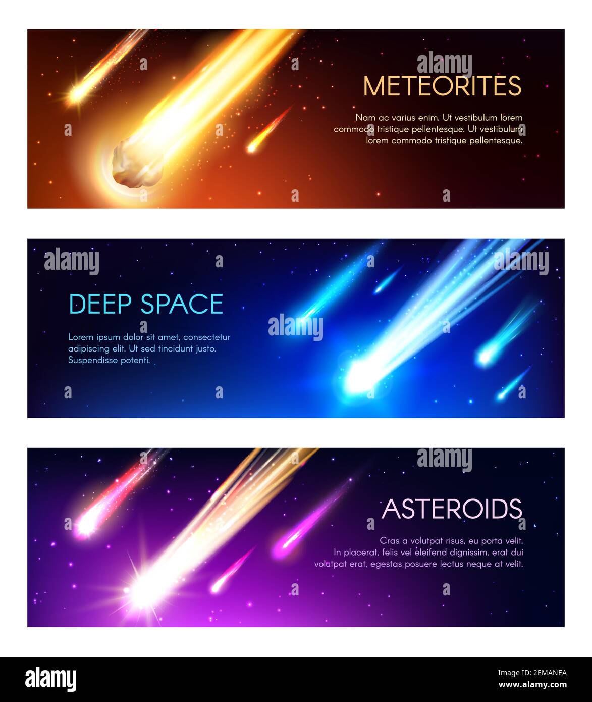 Galaxy outer space banners. Vector meteors, meteorites and asteroids ...