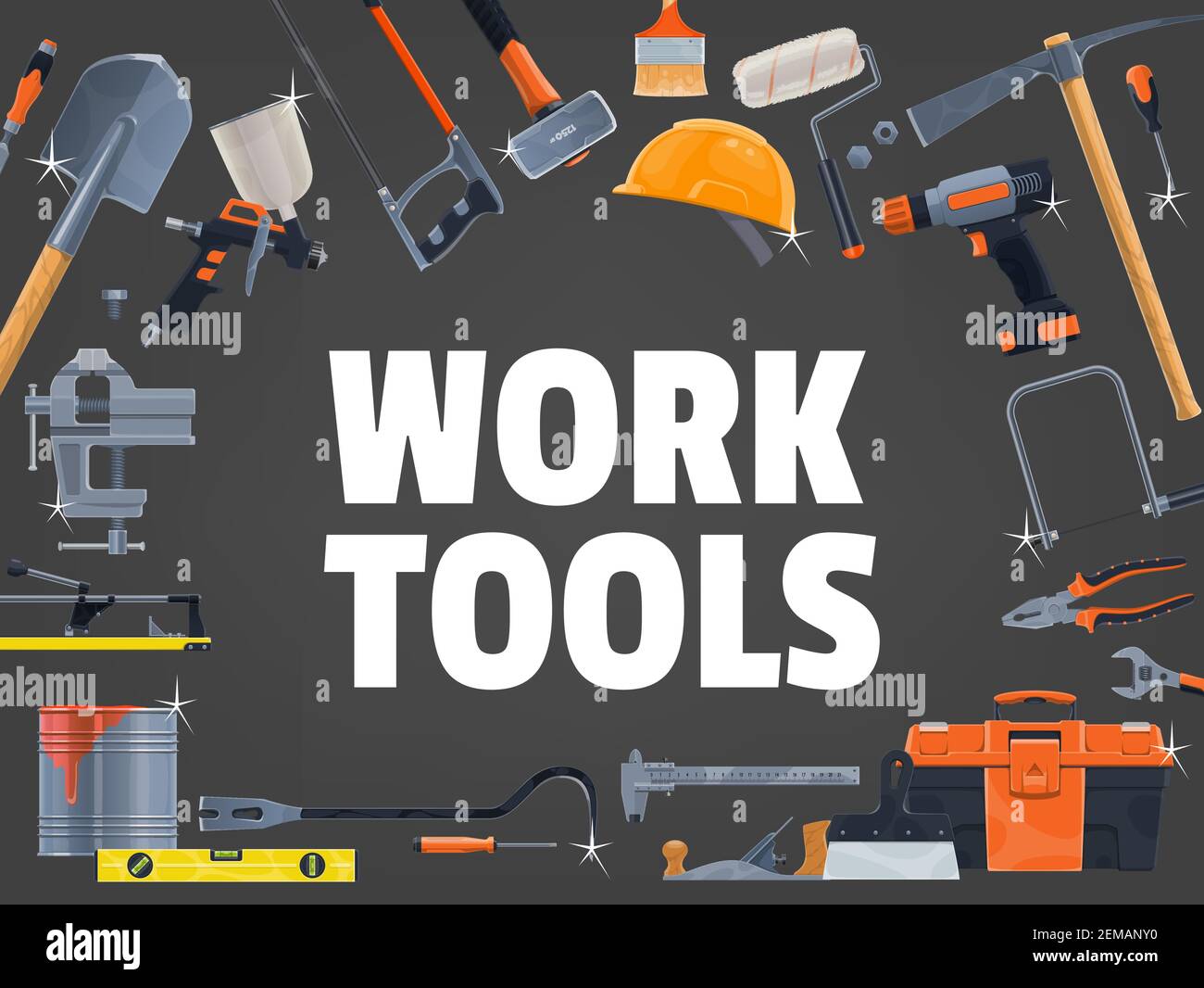 Work tools and equipment toolbox, construction and repair vector poster ...