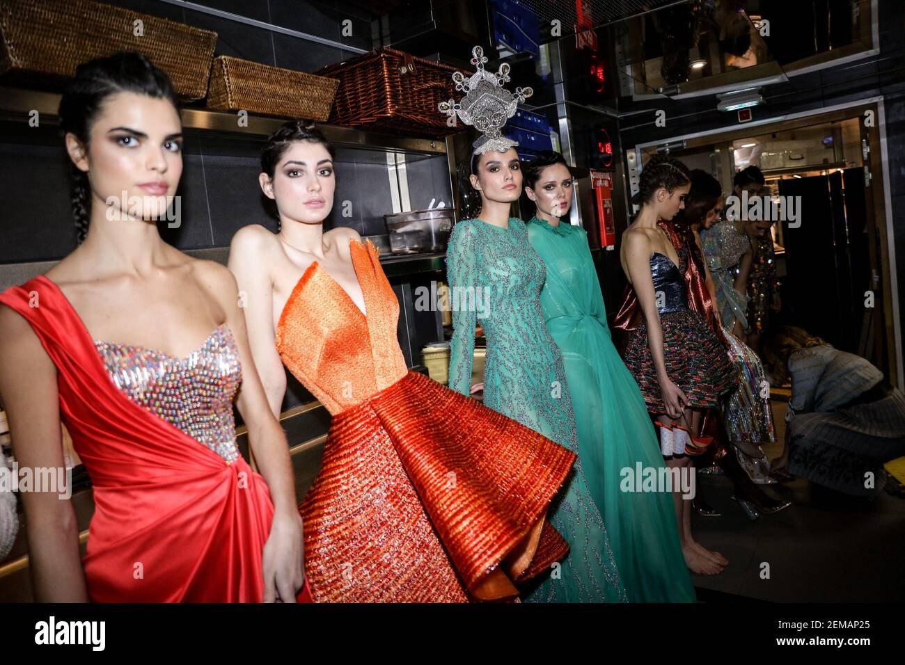 Models in backstage at the Rami Kadi Show during Paris Fashion Week ...