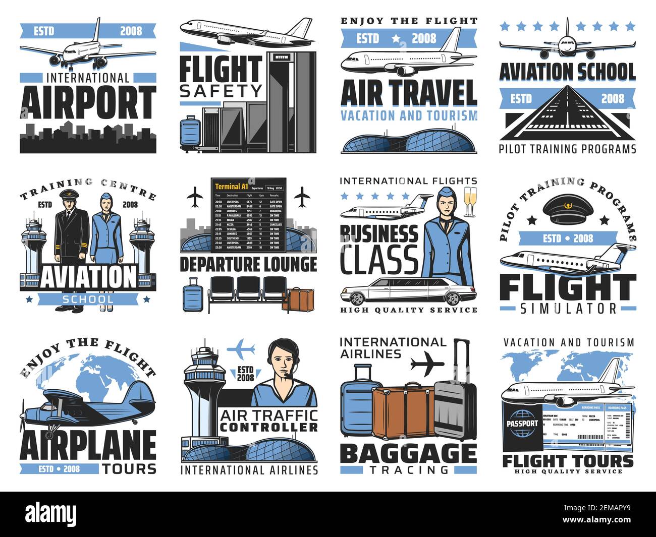 Airport and aviation, aircrew and air travel vector icons. Airplanes ...