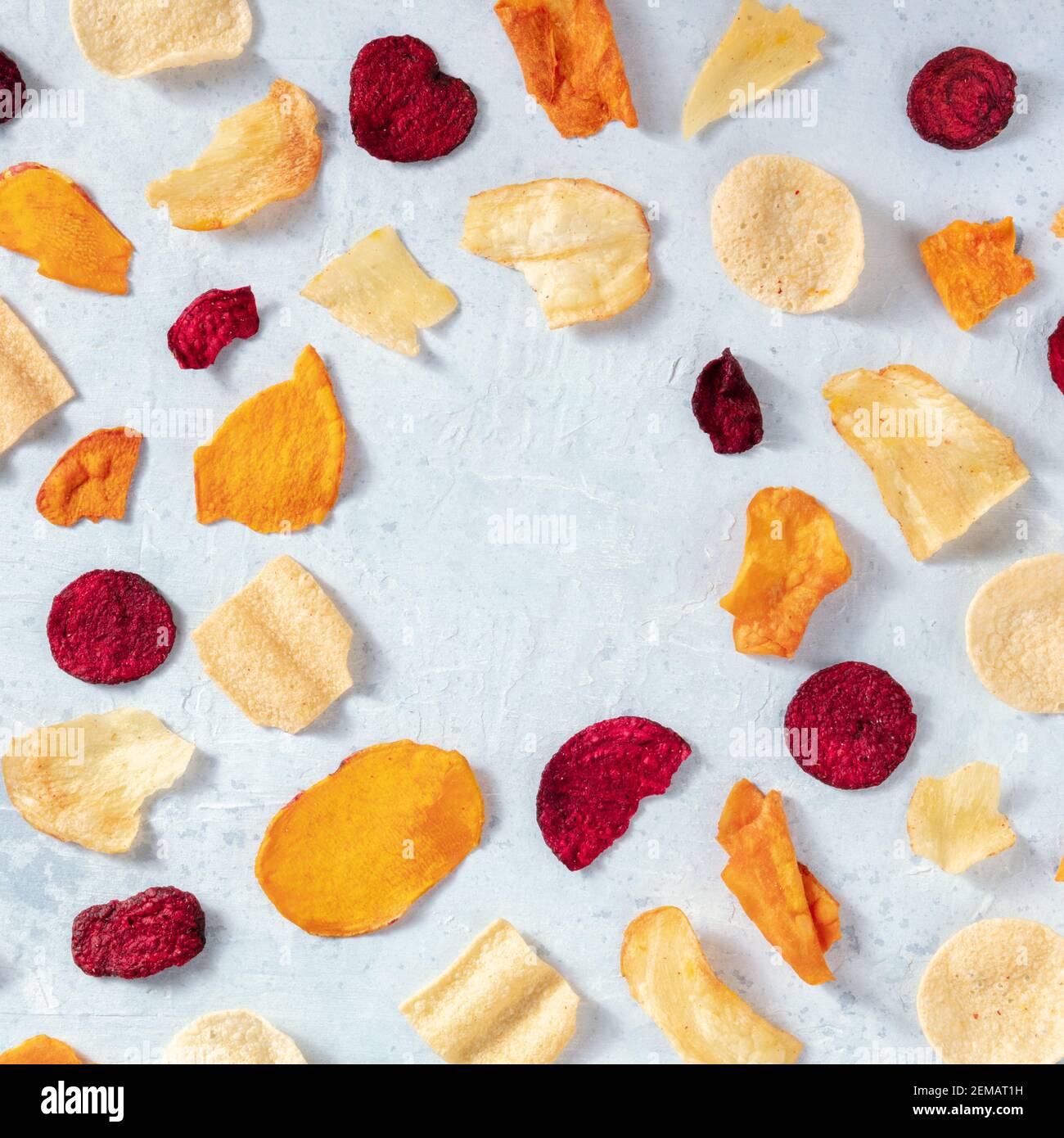 Vegetable chips square design template with a place for text, overhead ...