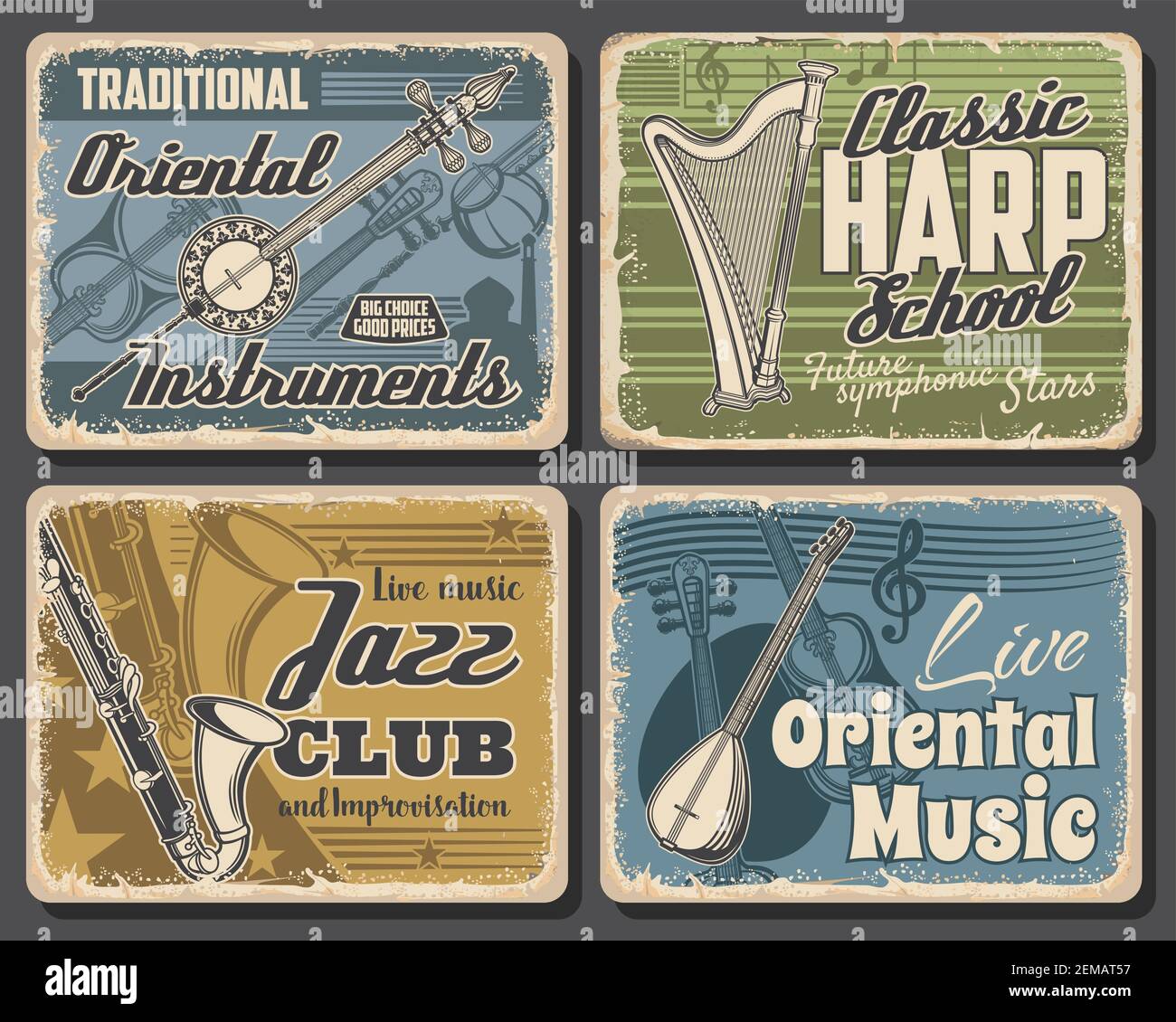 Music instruments retro posters, jazz festival and saxophone band live ...