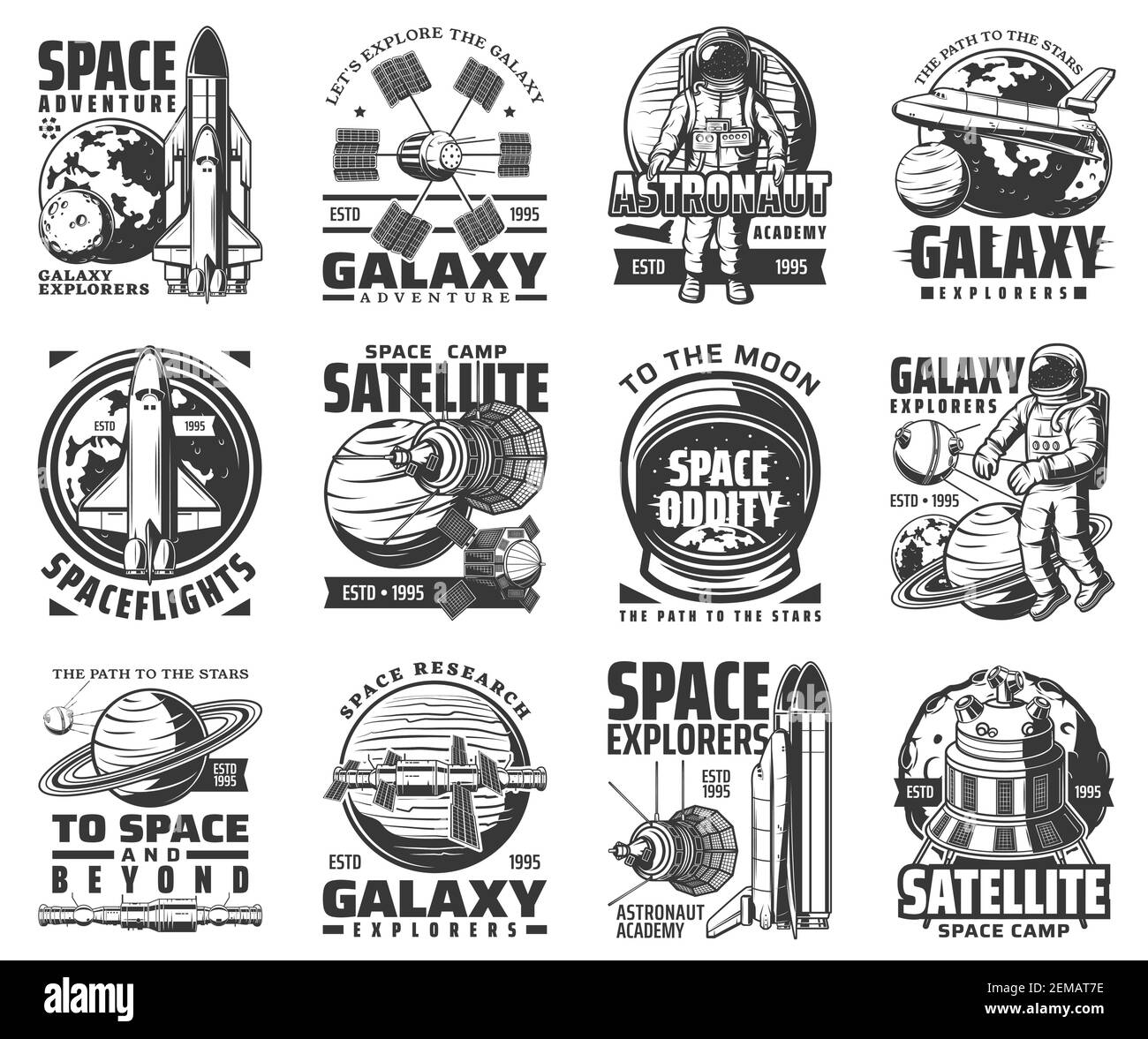 Galaxy exploration and outer space adventure vector icons. Astronaut ...
