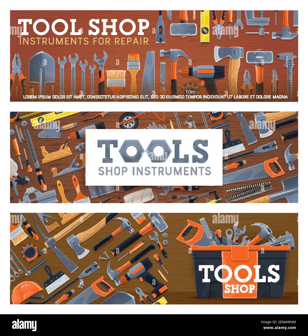 Tool shop vector banners with house repair, construction, carpentry and ...