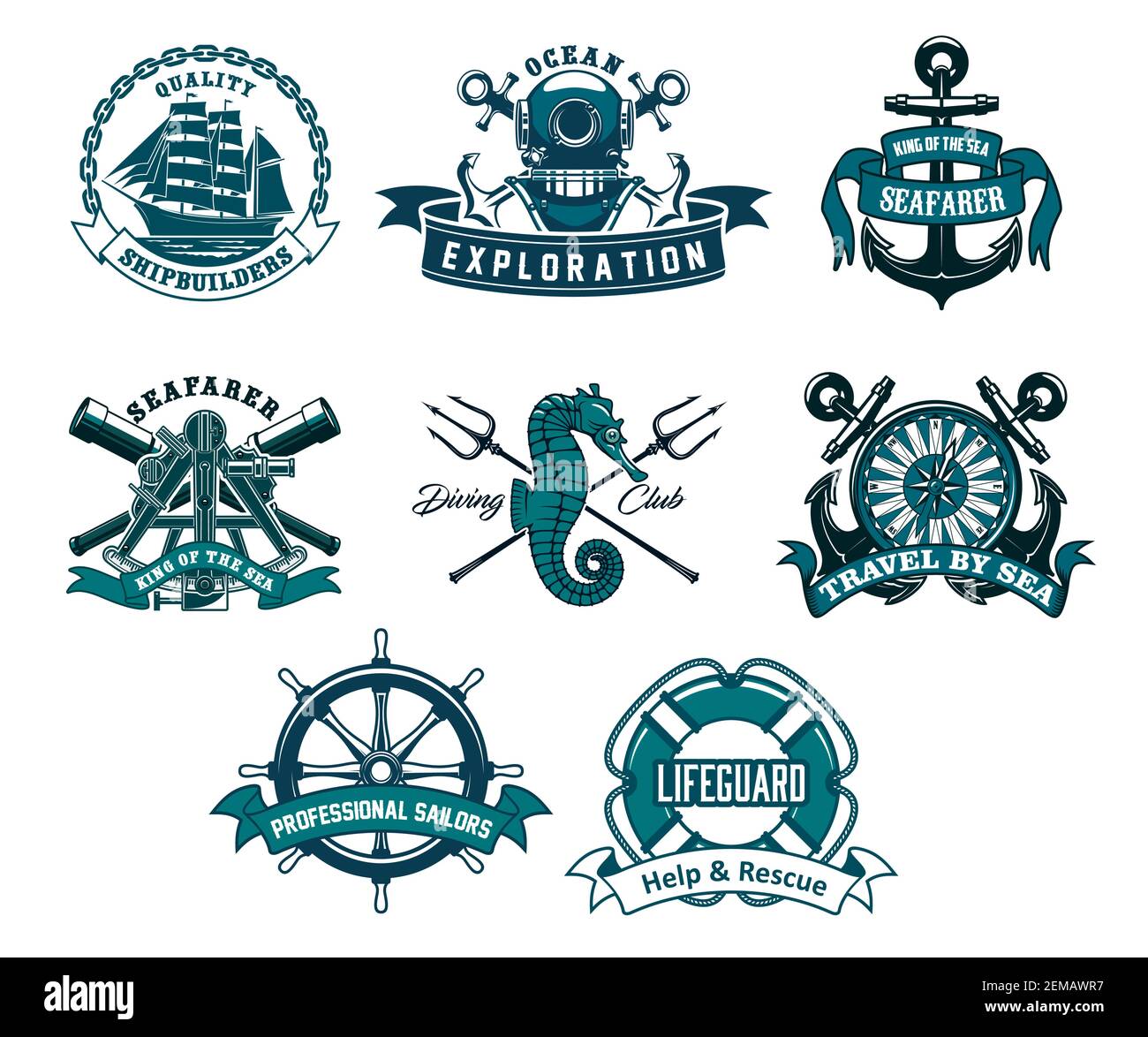Heraldic ship anchor and helm vector icons, captain spyglass and ...