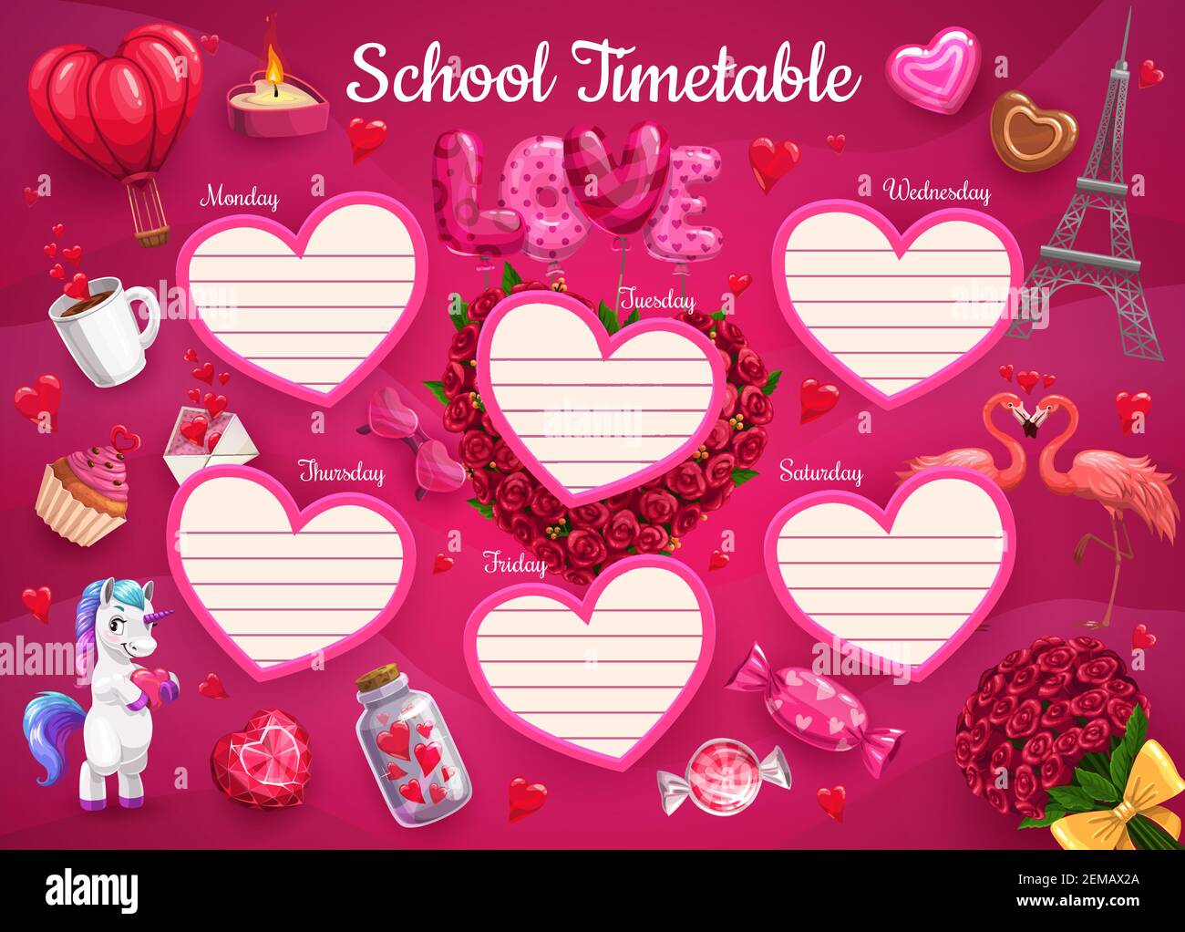 School timetable vector template with education schedule in heart ...