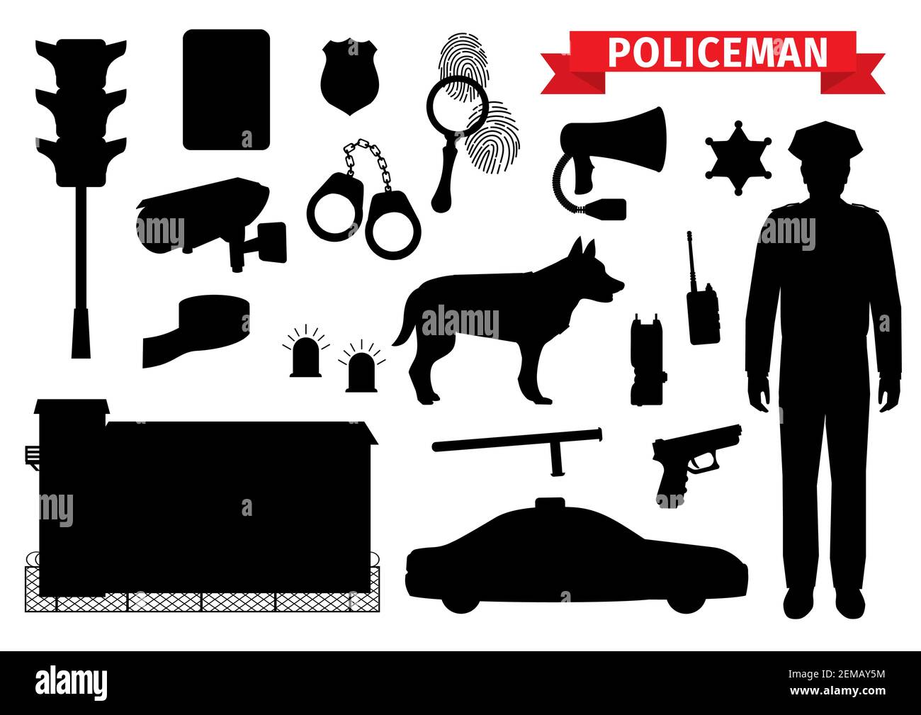 Policeman equipment tools, silhouette icons. Vector isolated police ...