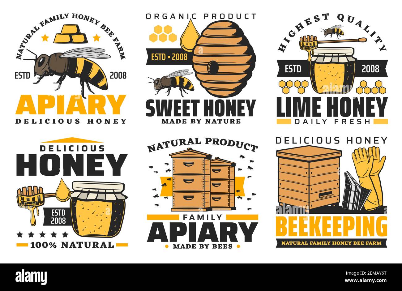 Apiary, honey and beekeeping farm vector icons. Family apiary and ...