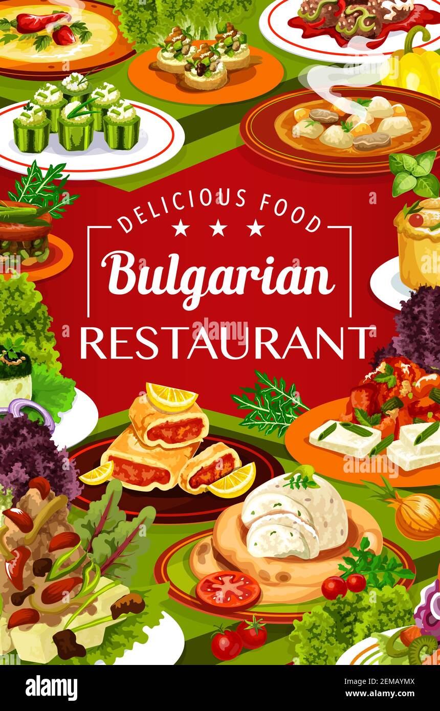 Bulgarian cuisine restaurant food with vector dishes of vegetable and ...