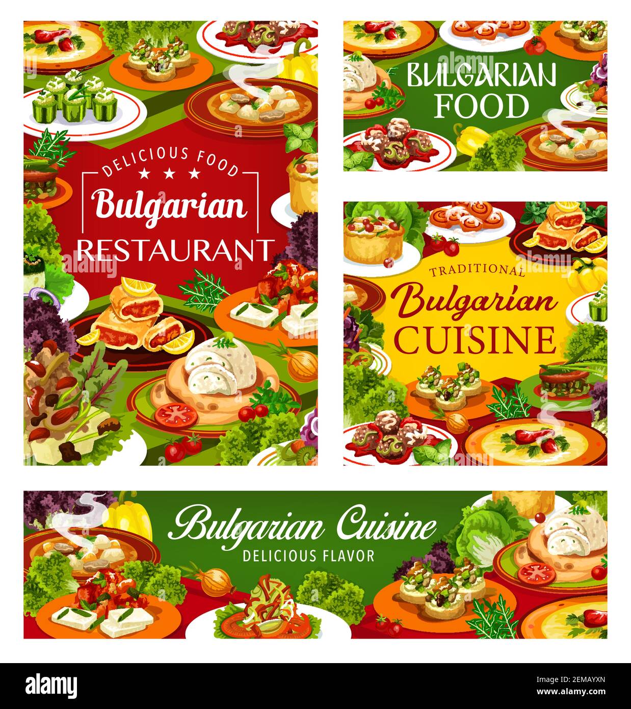Bulgarian cuisine restaurant food. Vector vegetable soups and yogurt ...