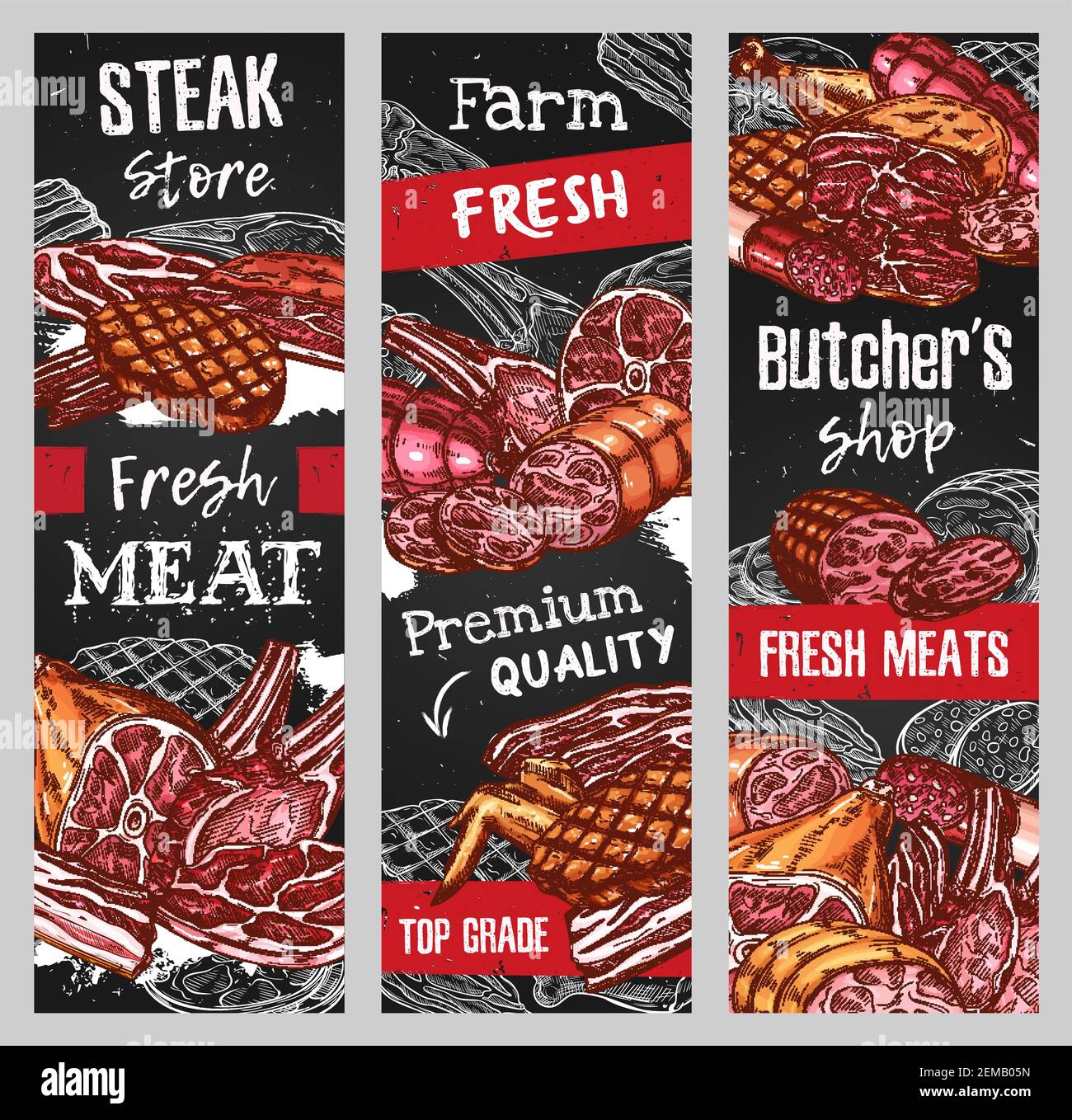 Meat food vector sketch blackboard banners with beef sausages, pork ham ...