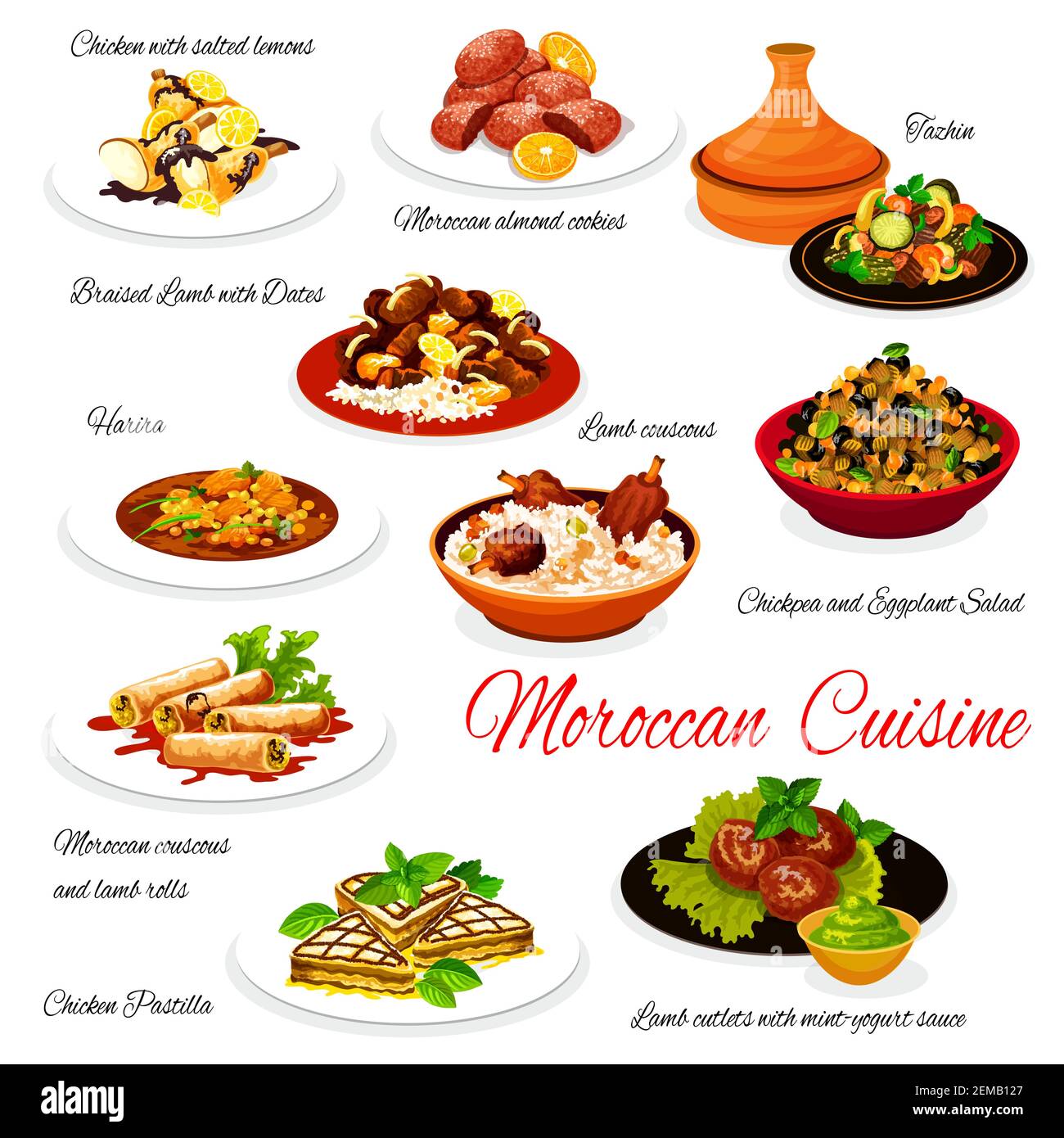 Moroccan cuisine dishes, Morocco authentic restaurant menu, vector food ...