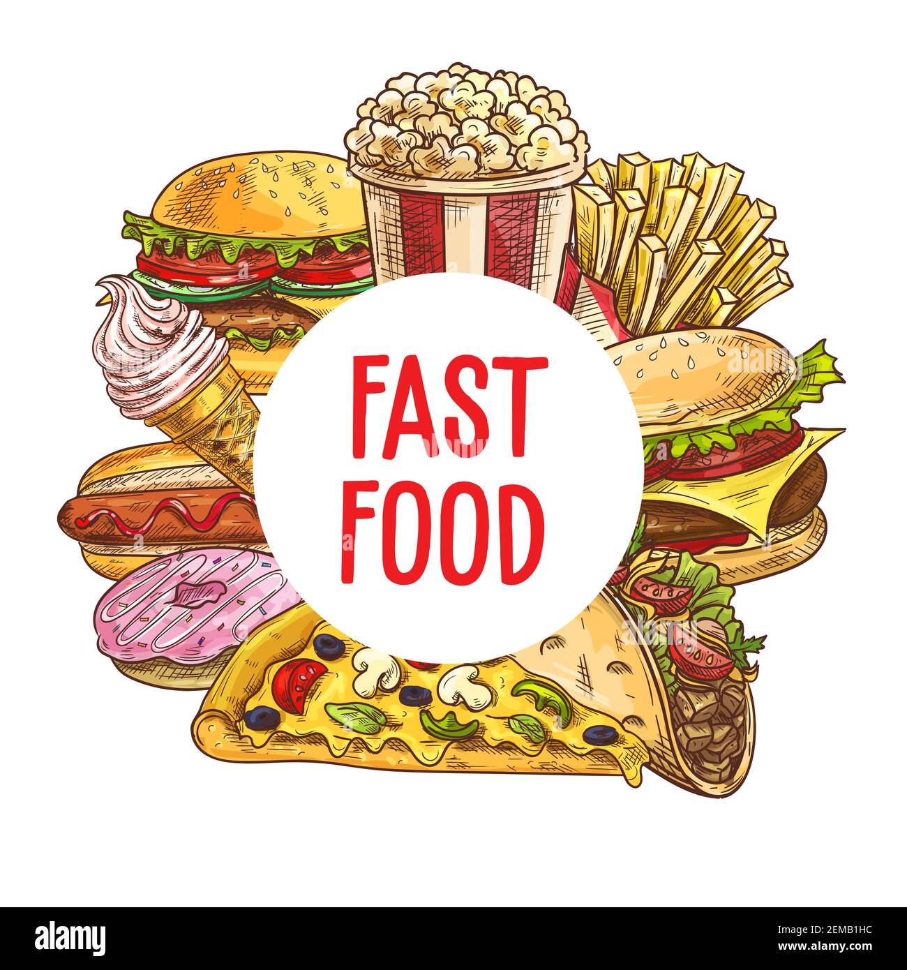 Fast food vector sketch of pizza, burgers and desserts. Hot dog, french ...