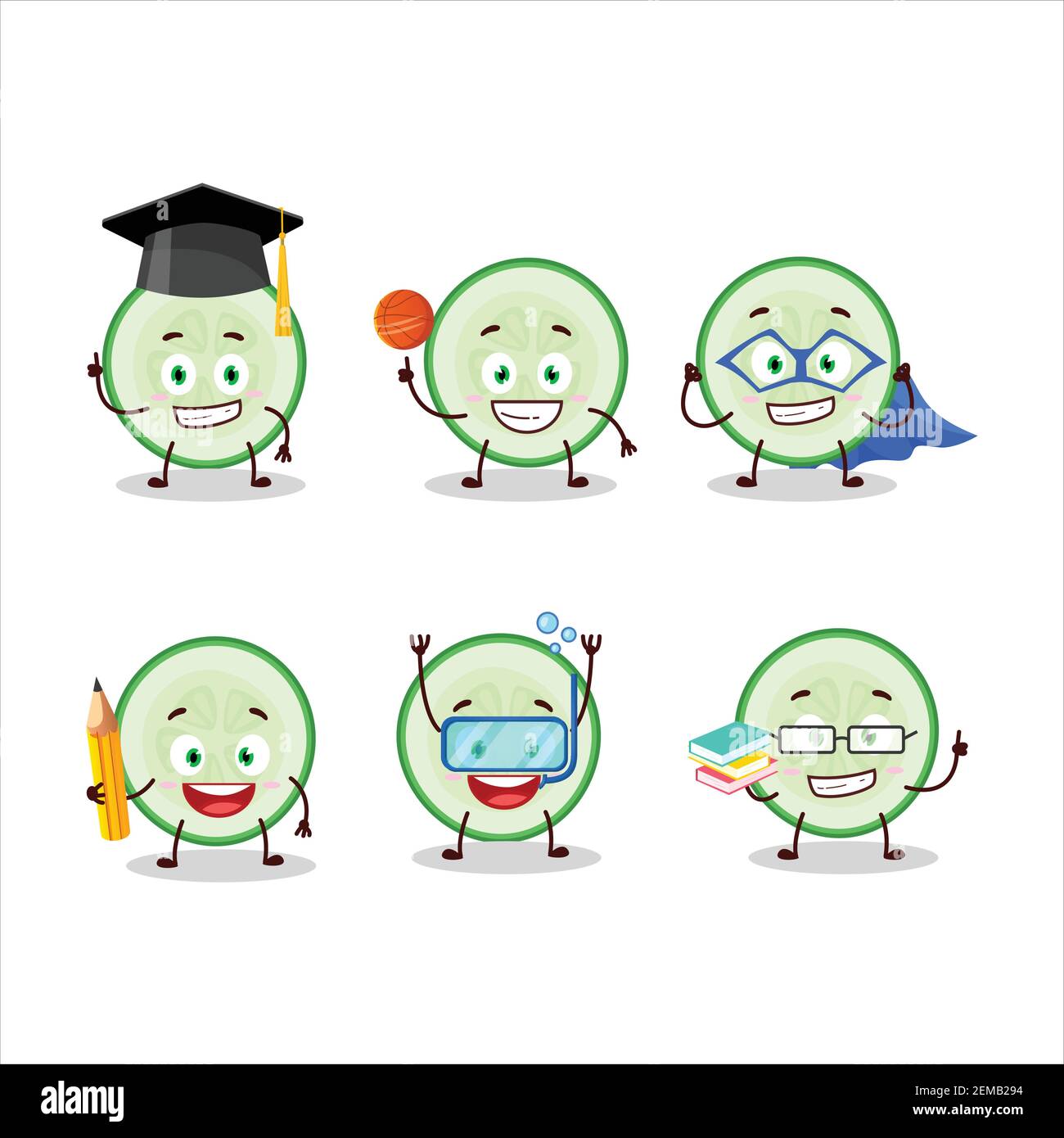 School student of slice of cucumber cartoon character with various ...
