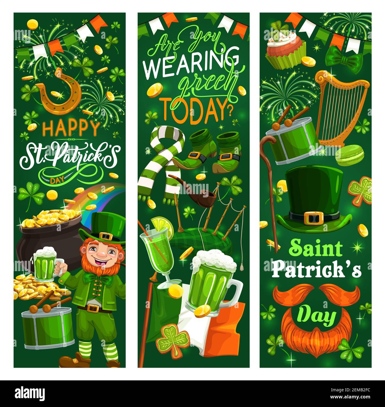 Irish leprechaun with Patricks Day green beer, shamrock and hat with ...