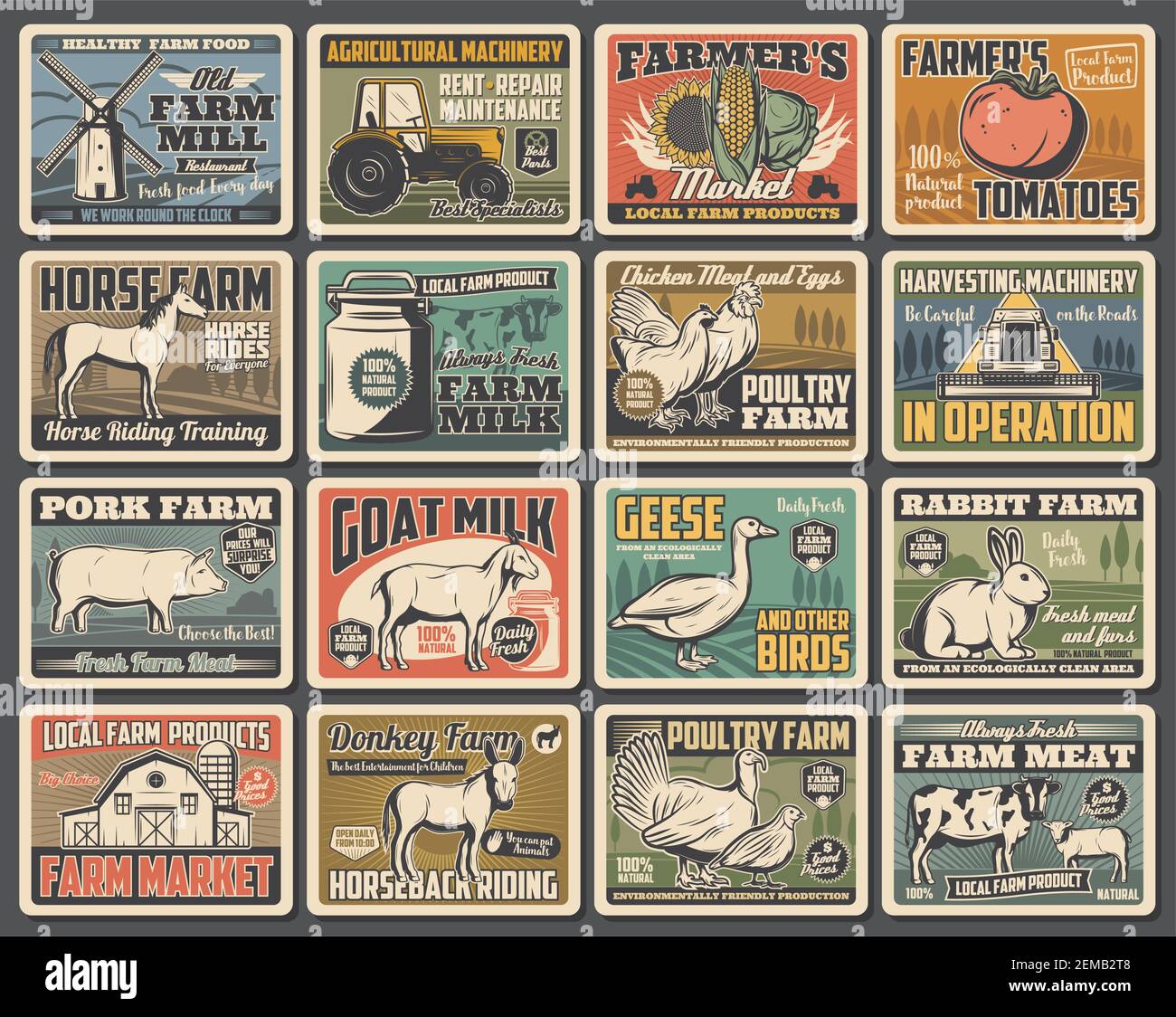 Agriculture and farming retro posters of vector animal, vegetable and ...