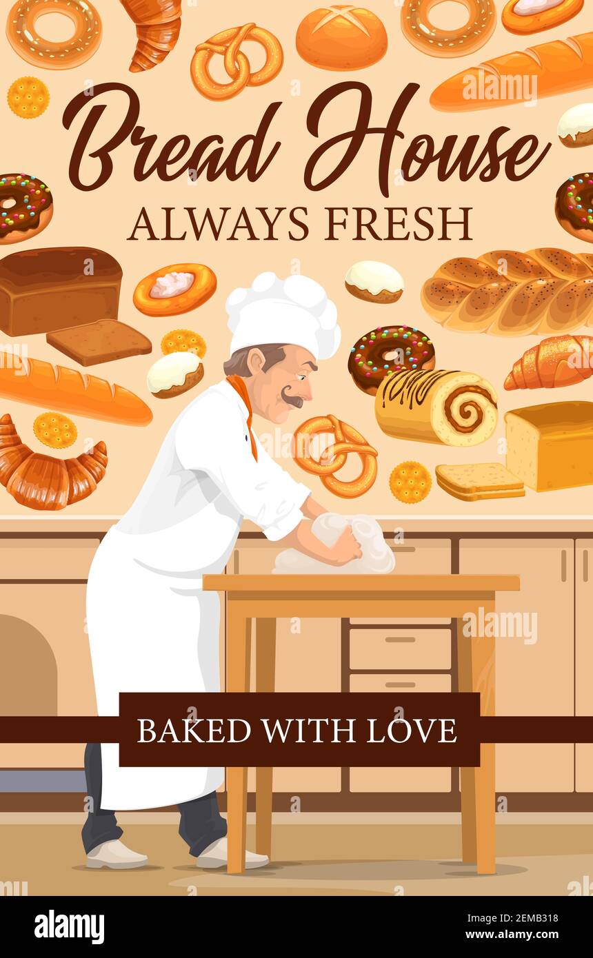 Baker with bread, pastries and sweets, bakery shop vector poster. Chef ...