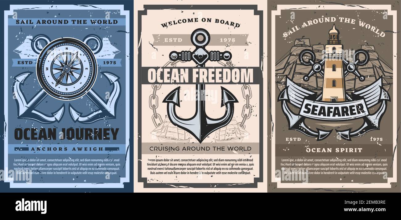 Nautical and marine vintage posters with anchor and ocean waves ...