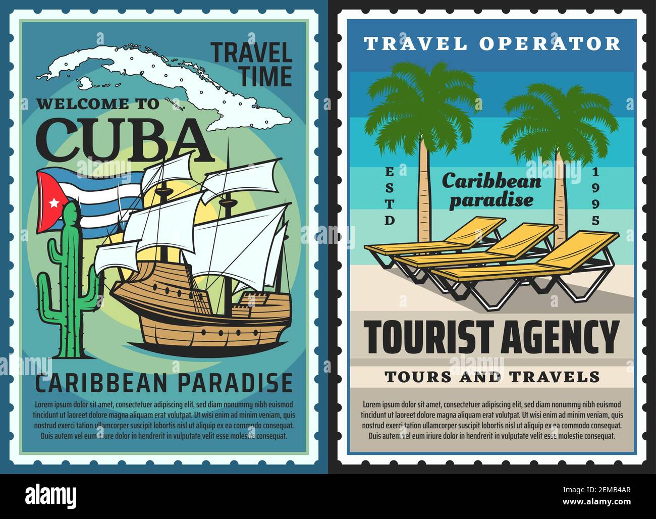 Cuba travel posters, Havana beach palms, Caribbean tropical tourism ...