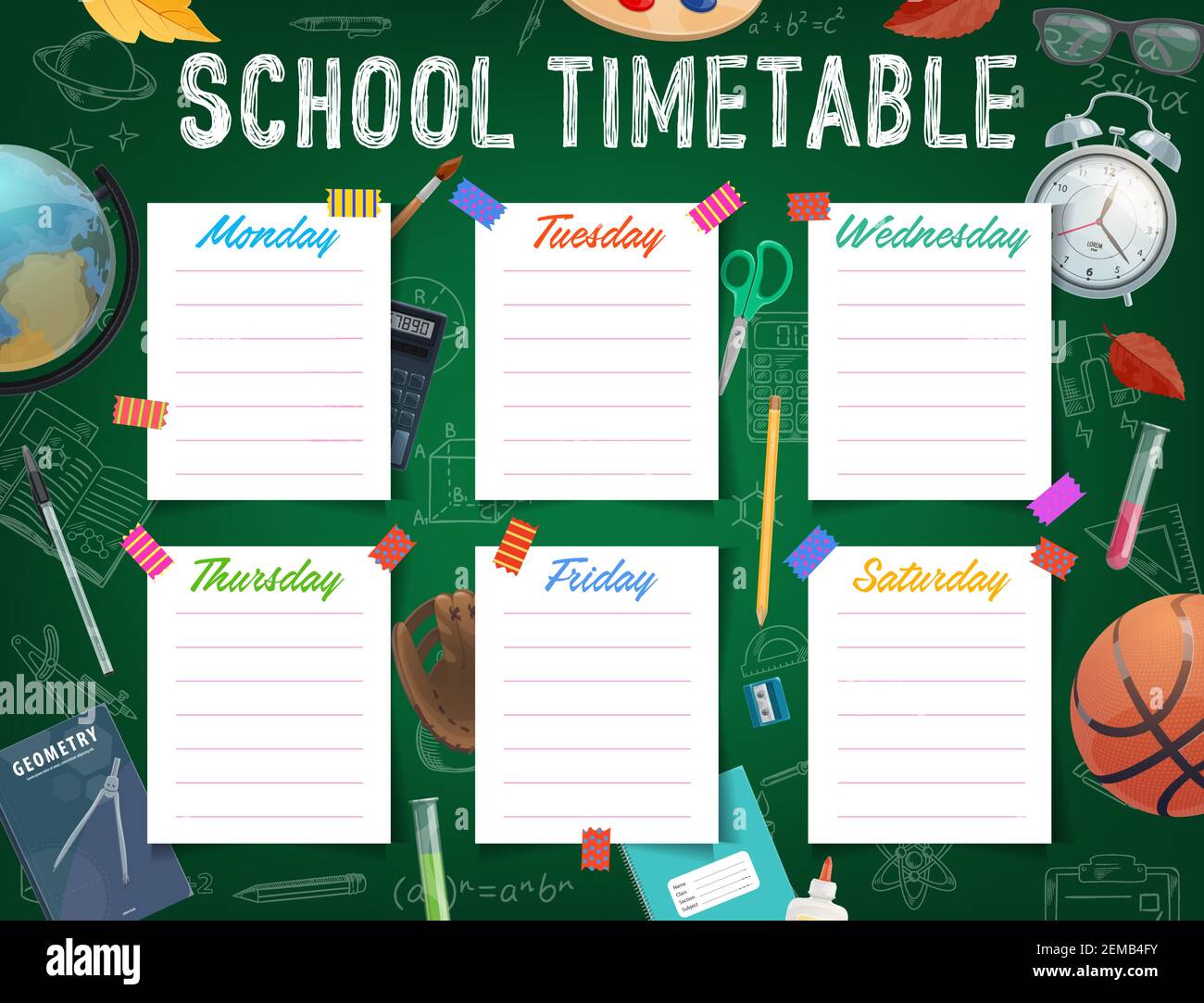 School lessons timetable vector template with stationery, week days ...