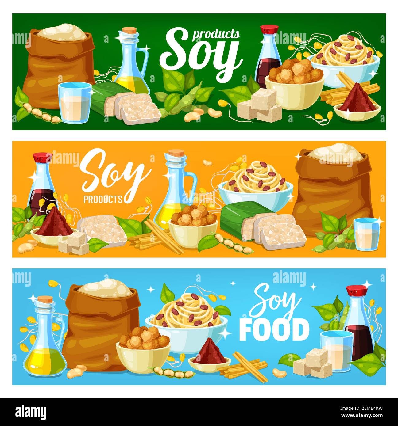 Soy products, soya bean food vector banners, soybean tofu, soy sauce ...