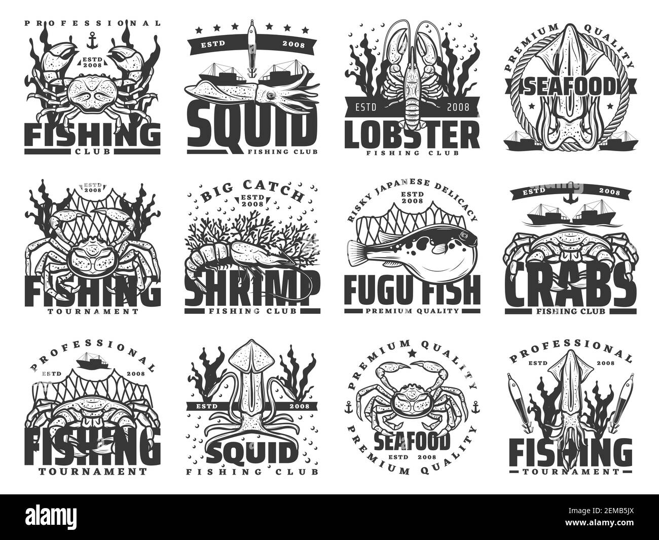 Fishing sport, fish and seafood isolated vector icons. Crab, squid ...