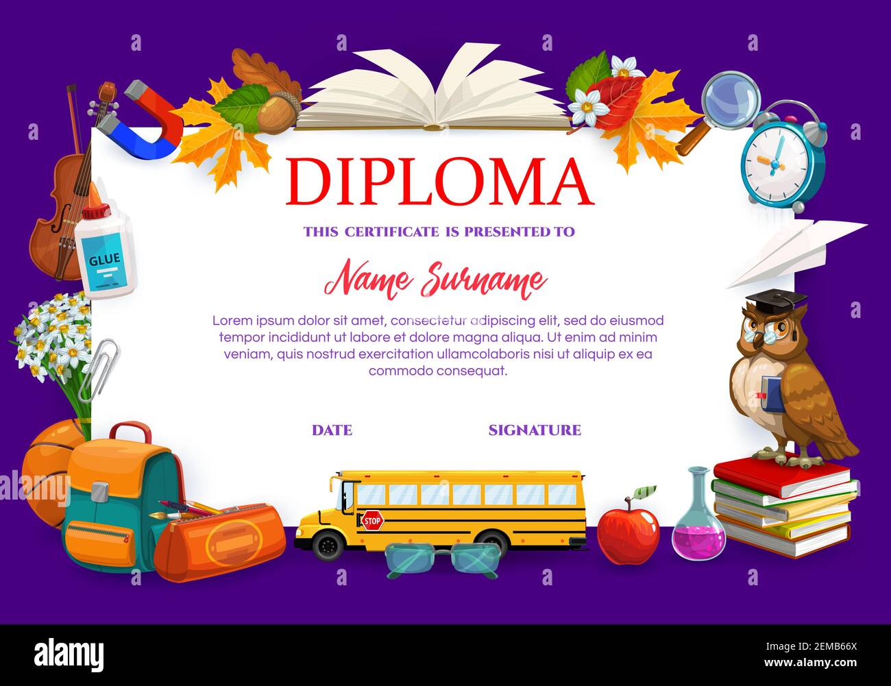 School diploma or college education certificate with student stationery ...