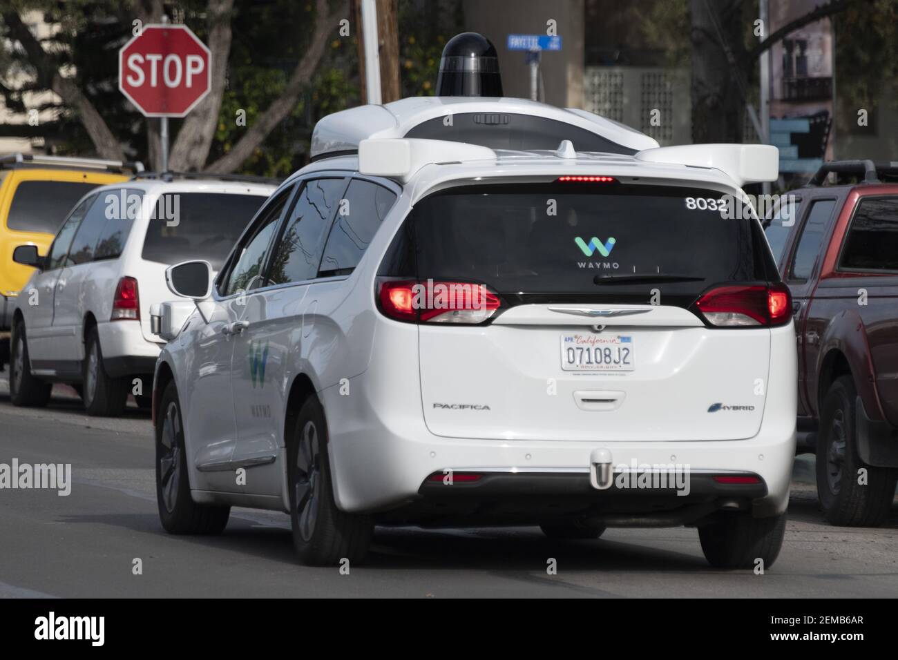 A Waymo self-driving test vehicle is seen in Mountain View, California ...