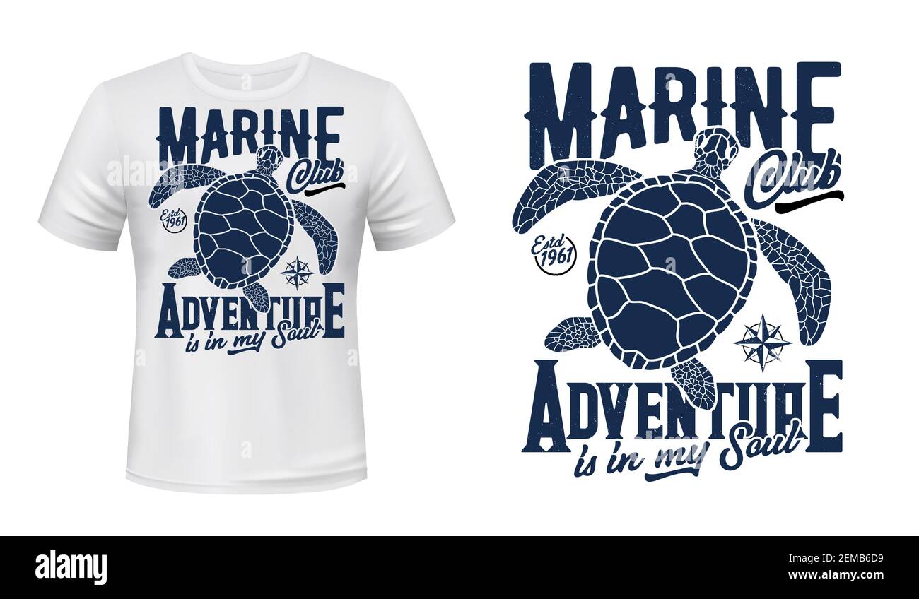 Sea turtle t-shirt print mockup, marine adventure club vector design ...